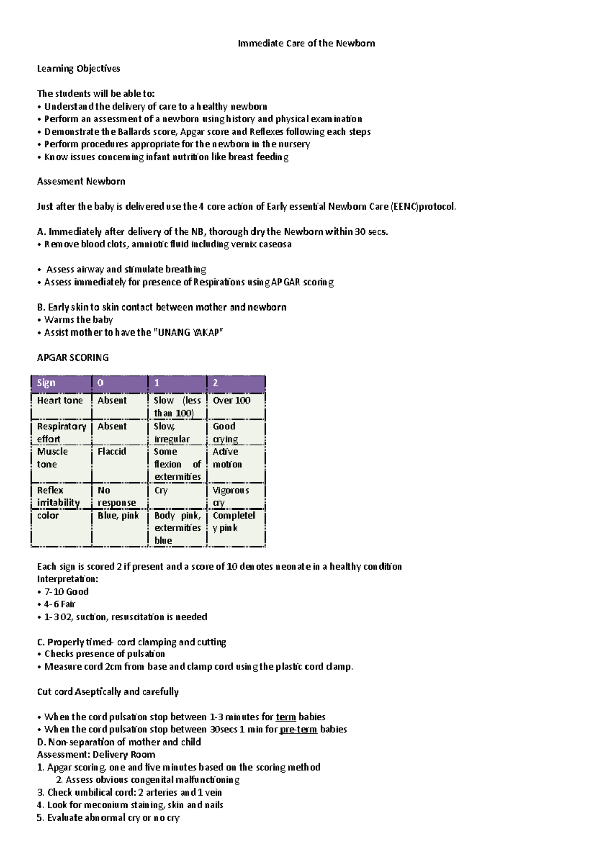 Immediate Care & Assessment of Newborns: Key Protocols and Scores - Studocu