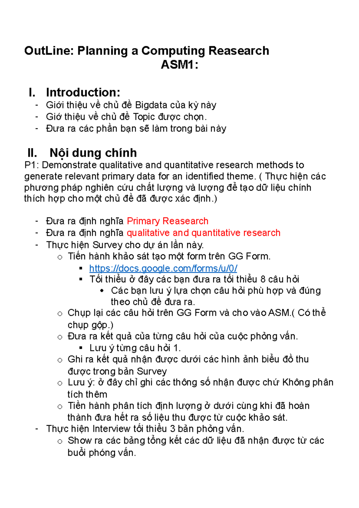 Outline for ASM1: Planning a Computing Research on Big Data - Studocu