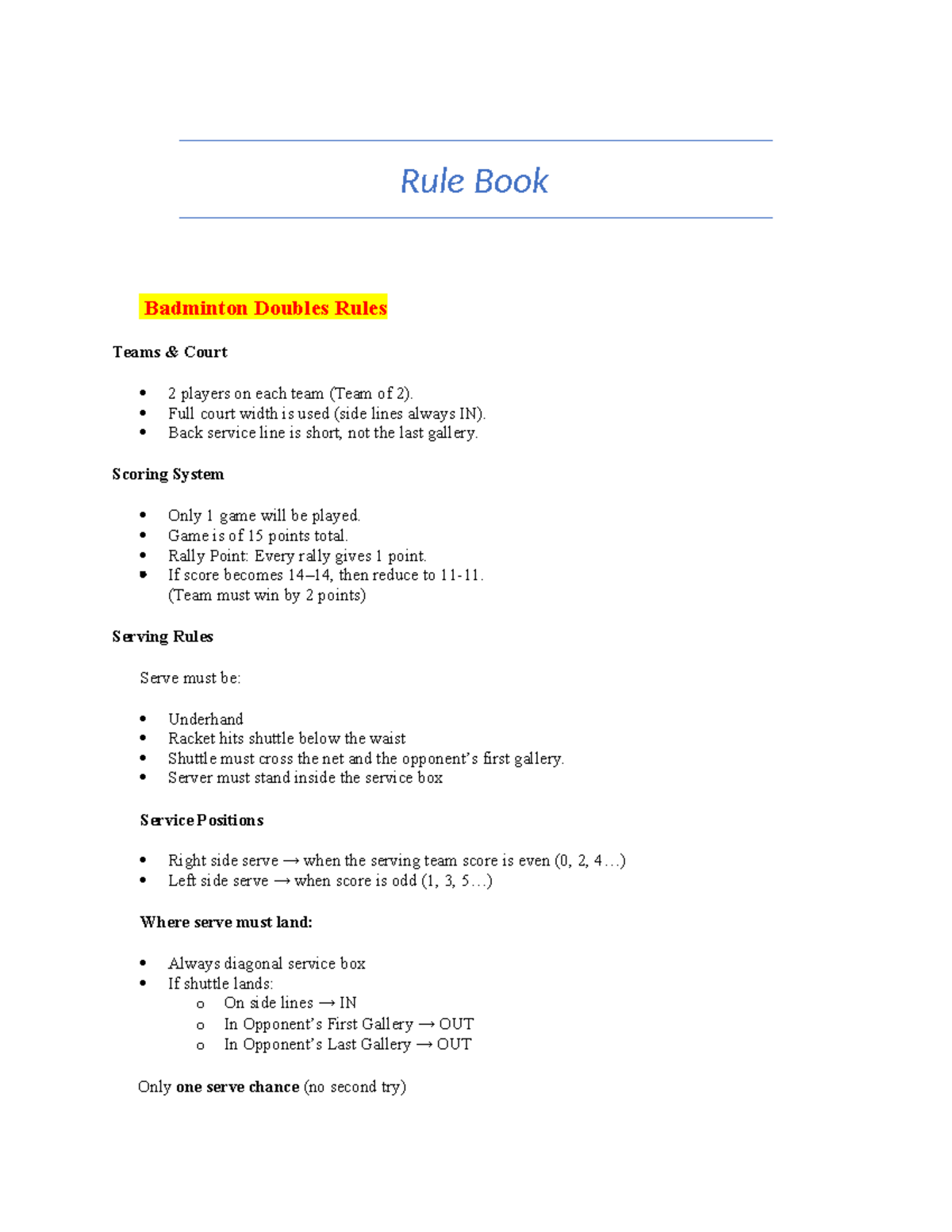 Rule Book - Badminton Doubles Rules & Ludo Gameplay Guide - Studocu
