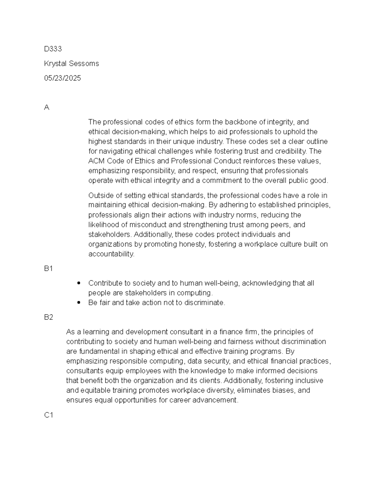 Task 2 - D333: Understanding Professional Codes of Ethics in Computing ...