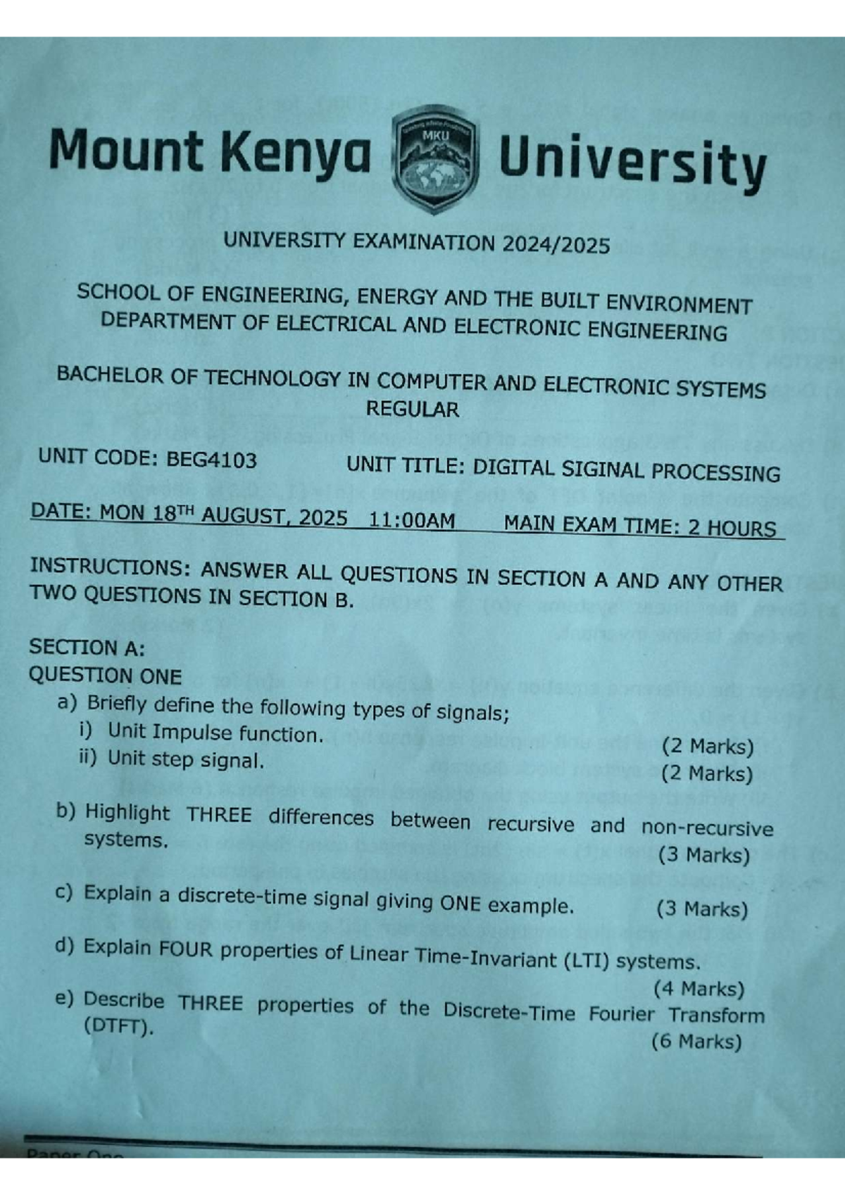 BEG4103 Final Exam: Digital Signal Processing - MKU - Studocu