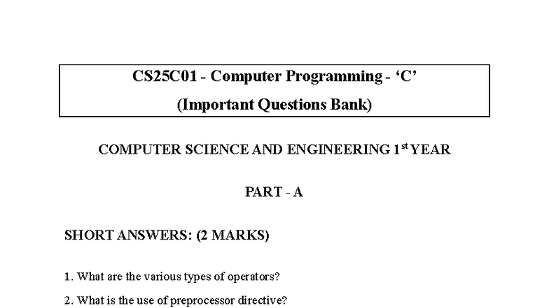 CS25C01 Computer Programming Important Questions Bank for 1st Year ...