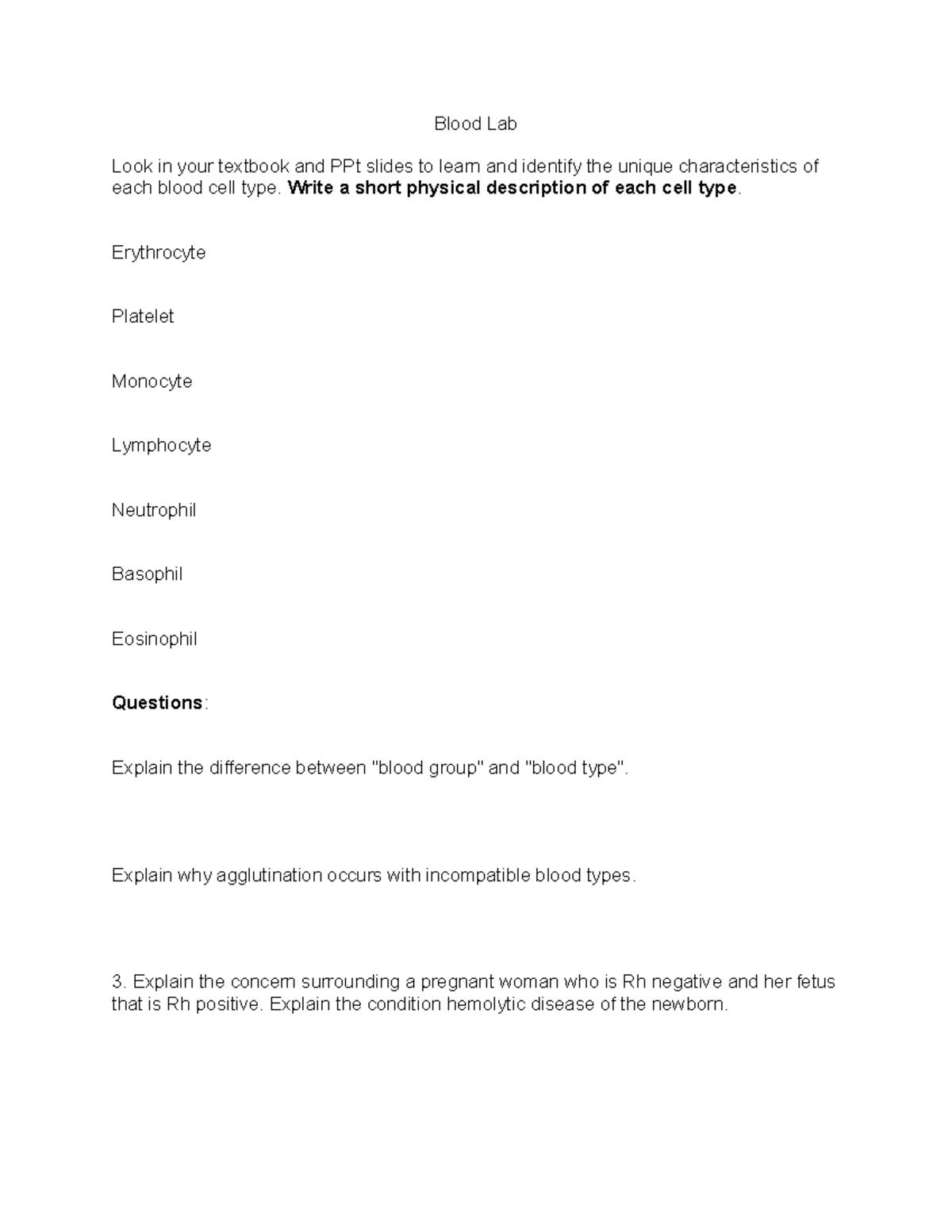 Blood Lab - FLSA: Characteristics of Blood Cell Types and Related ...