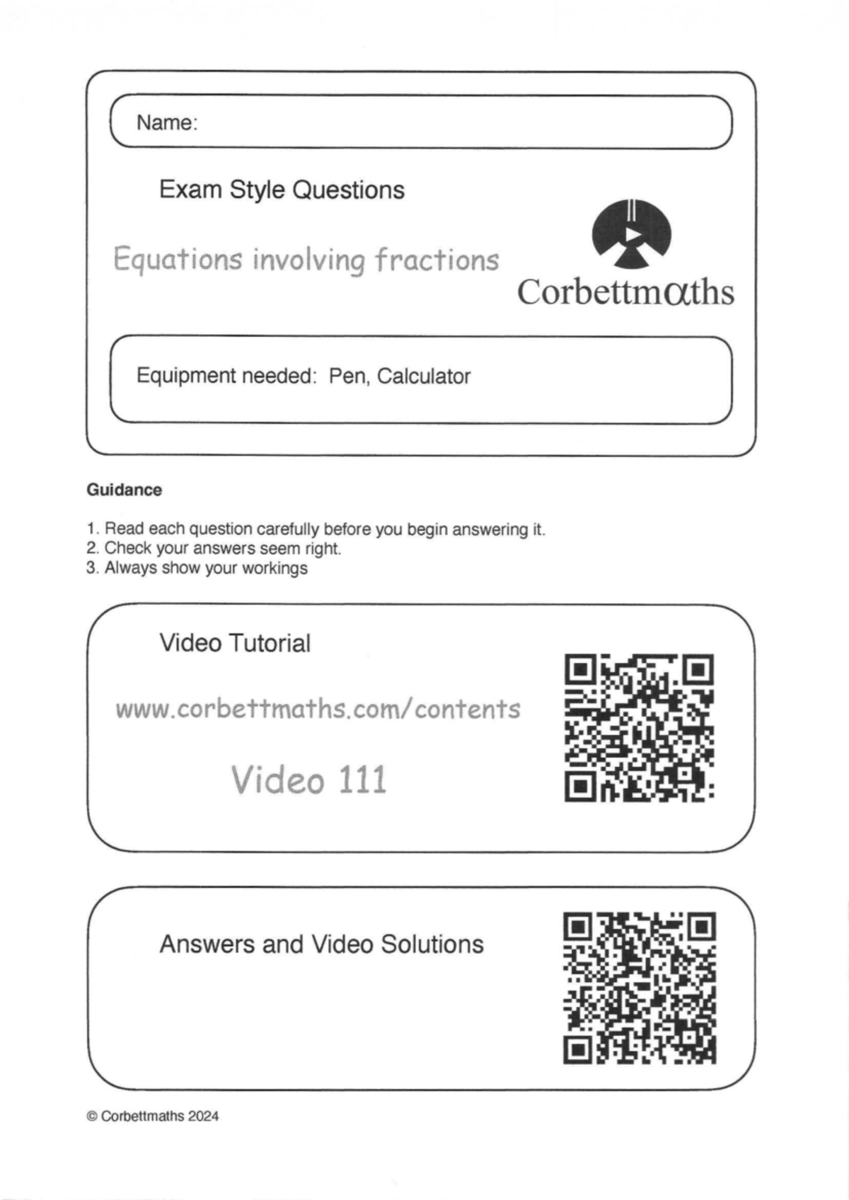 Equations Involving Fractions: Exam Style Questions (Corbettmaths 2024 ...