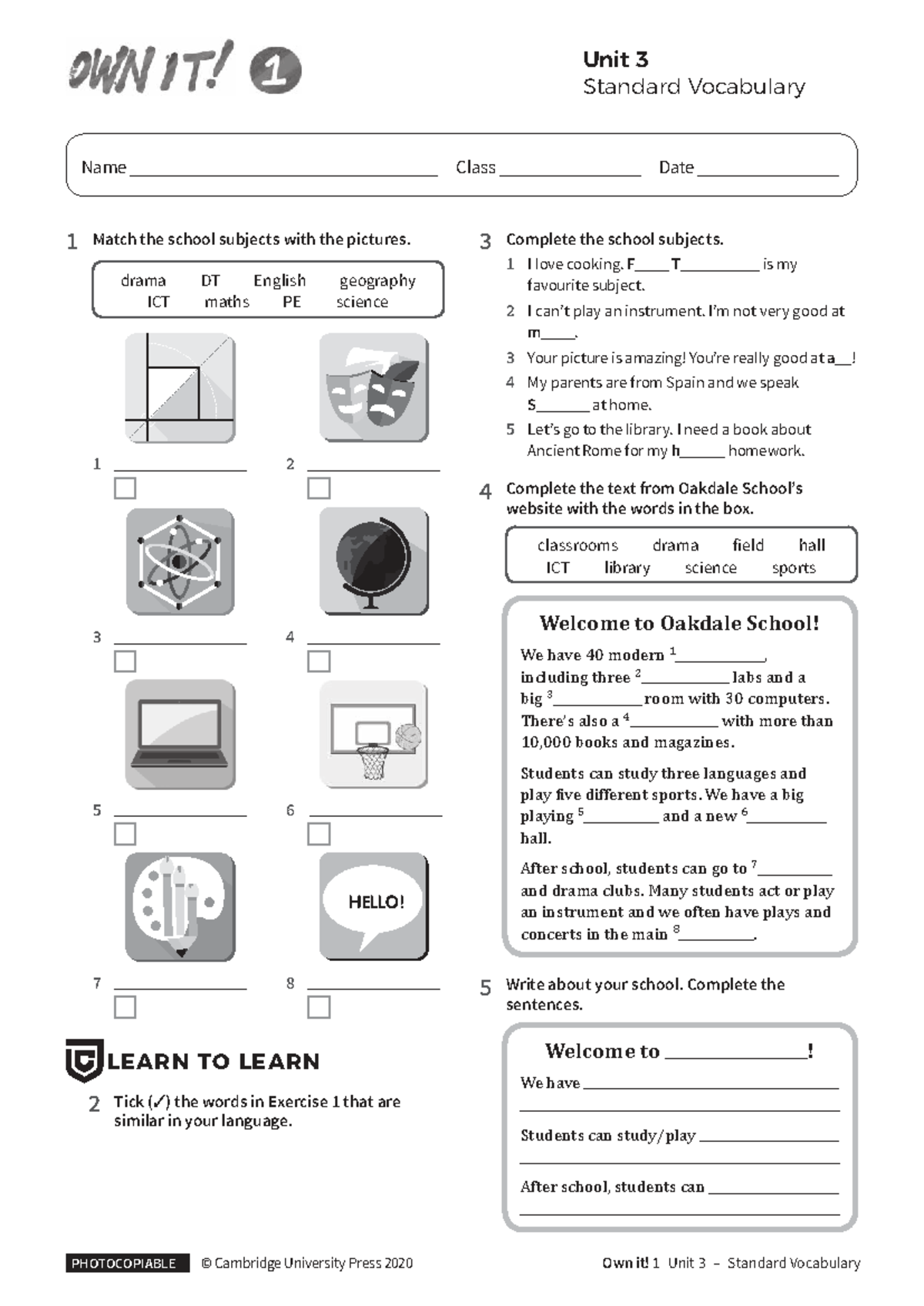 Unit 3 Standard Vocabulary: School Subjects & Activities - Studocu