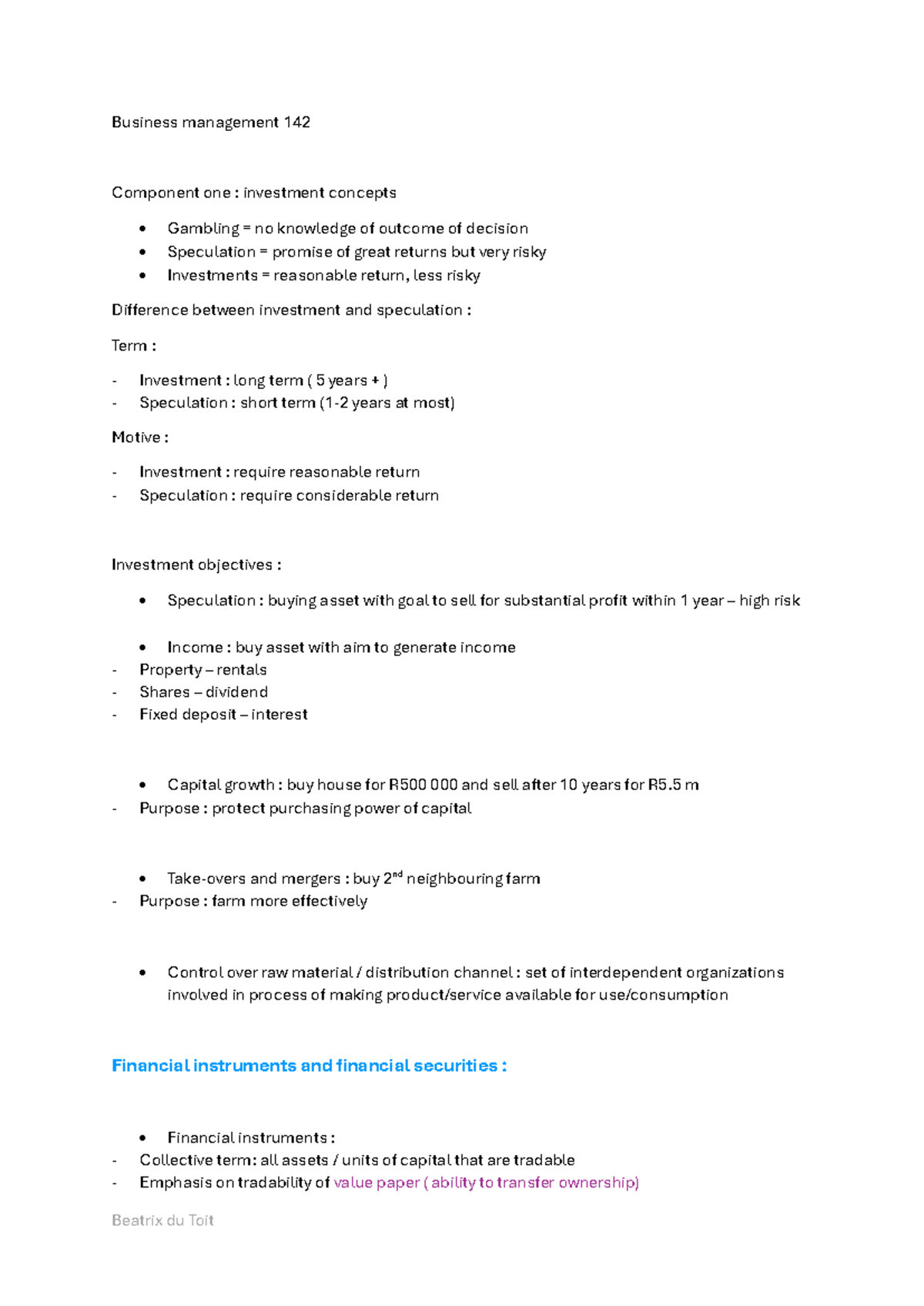 Business Management 142: Investment Concepts and Analysis Notes - Studocu