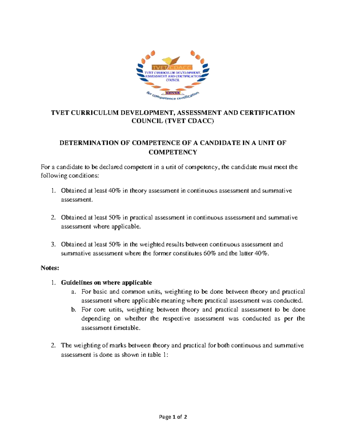 TVET CDACC Competence Grading Guidelines and Assessment Criteria - Studocu