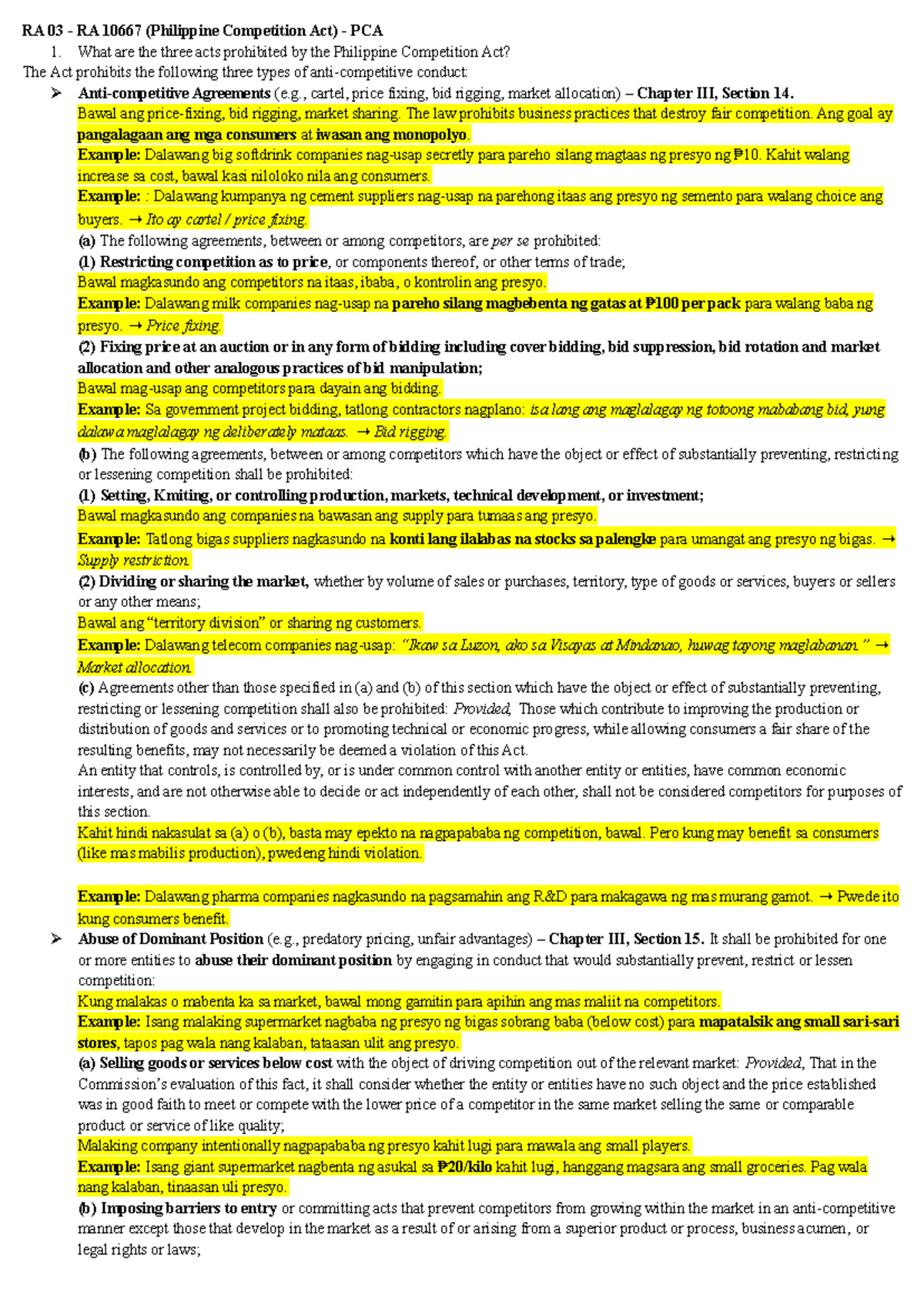 RA 03 PCA 1: Prohibited Acts Under the Philippine Competition Act - Studocu