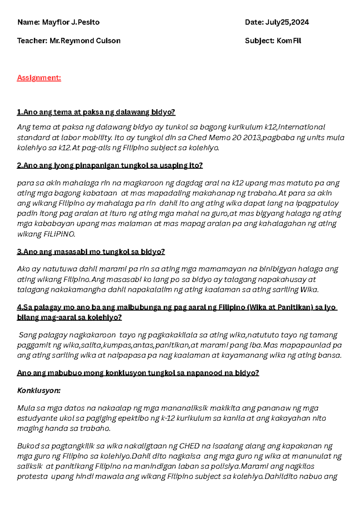 KomFil Assignment: Tema at Paksa ng Bidyo sa K12 at Wika - Studocu