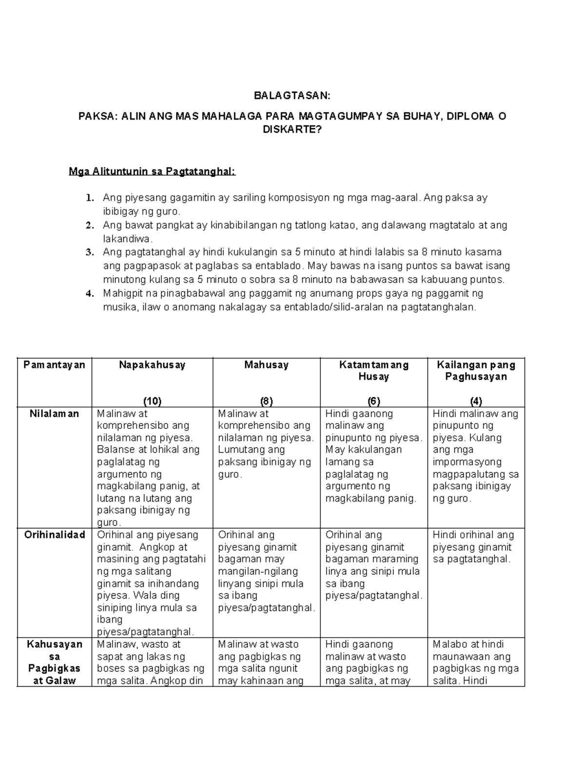 Balagtasan: Diploma vs Diskarte sa Buhay - Pagsusuri at Pamantayan ...