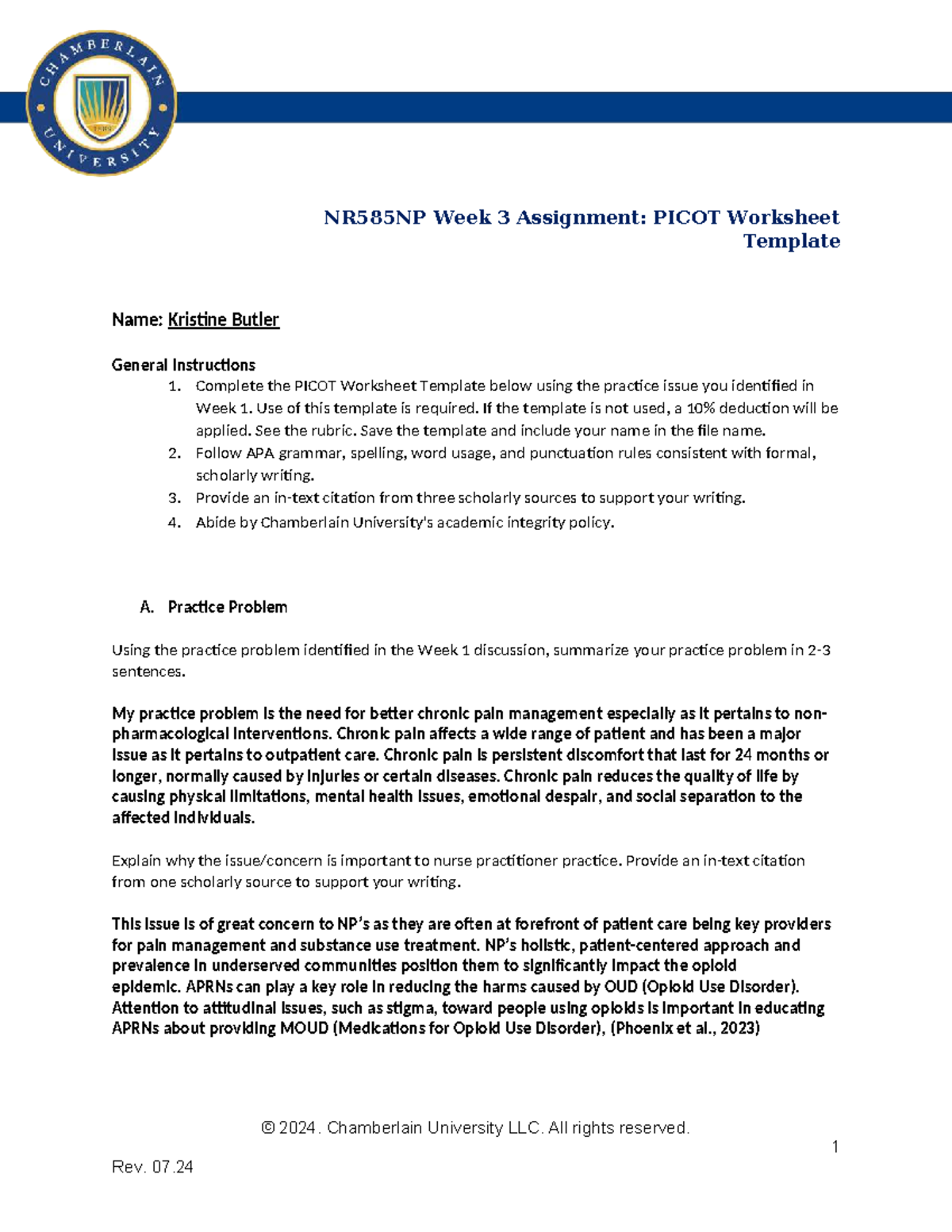 NR585NP Week 3 Assignment: PICOT Worksheet on Chronic Pain Management ...