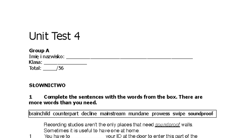 UNIT 4 TEST A - język angielski - Unit Test 4 Group A Imię i nazwisko ...