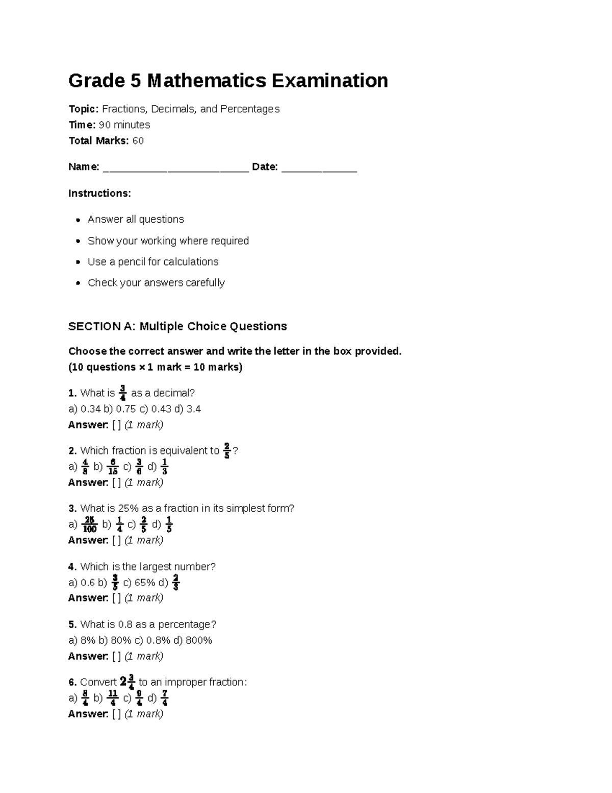 Grade 5 Math Exam: Fractions, Decimals & Percentages - Studocu