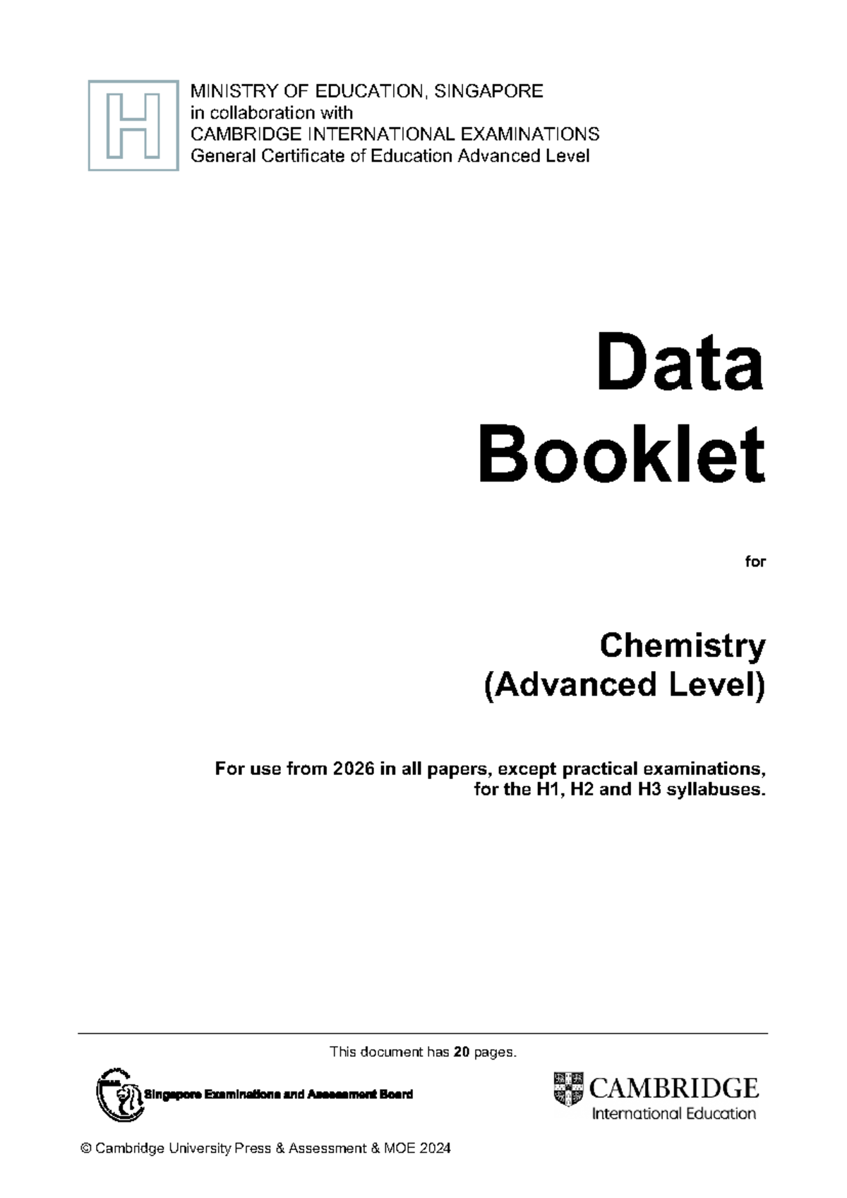 SEAB Chemistry Data Booklet for A Level H1, H2, H3 2026 - Studocu