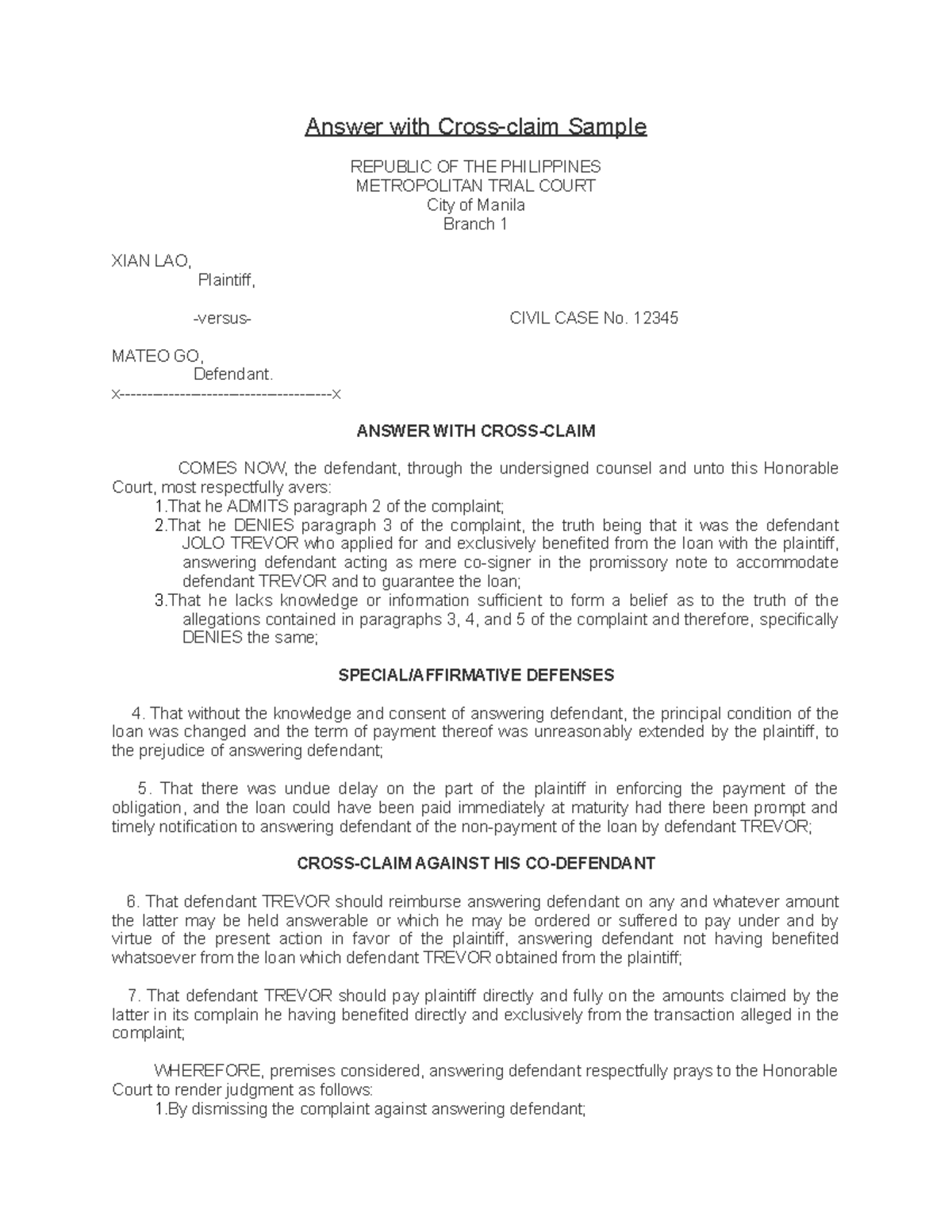 364361998 Answer With Cross claim Sample - Juris Doctor - Studocu