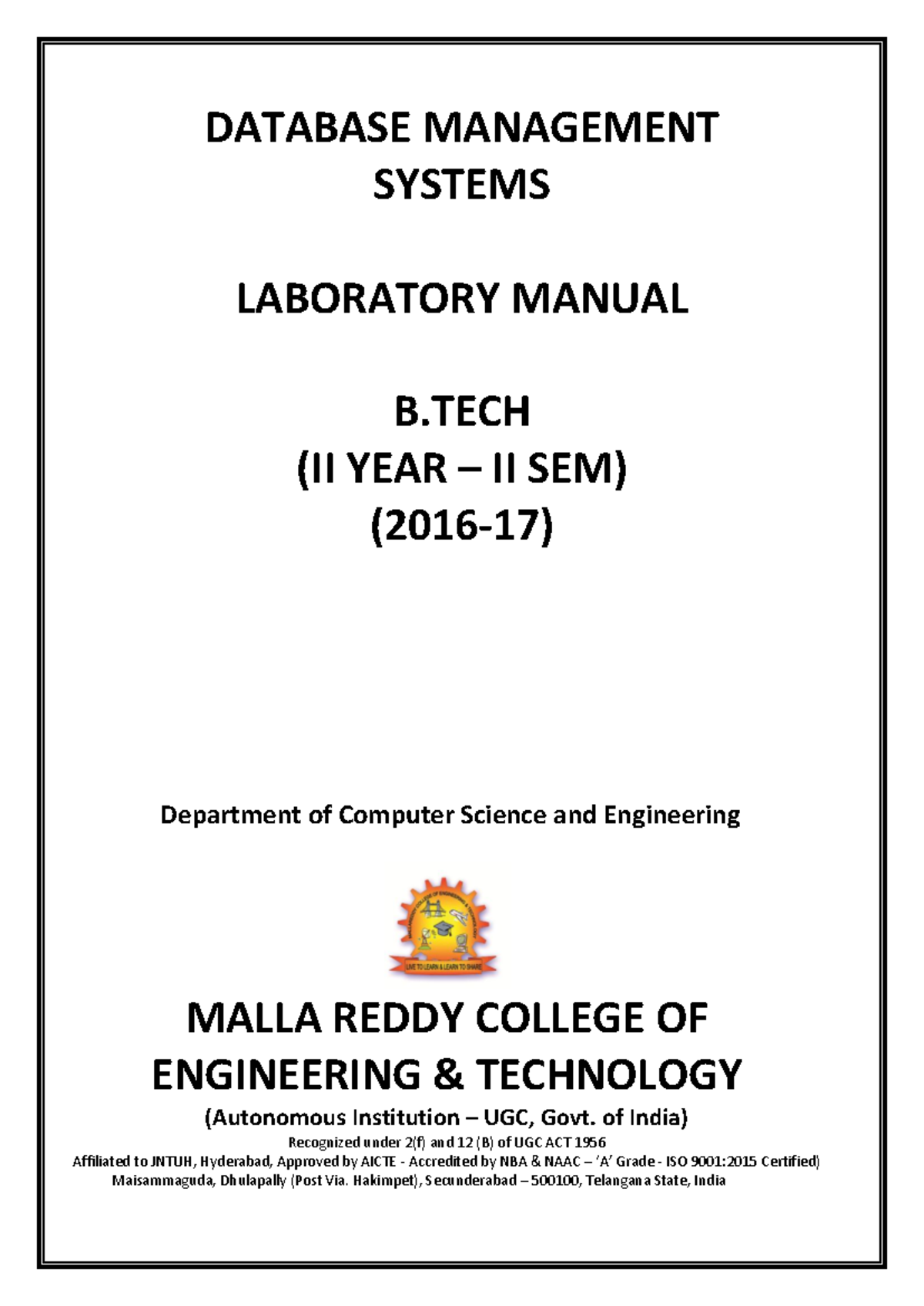 CSE II-II SEM - Database Management Systems Laboratory Manual - Studocu