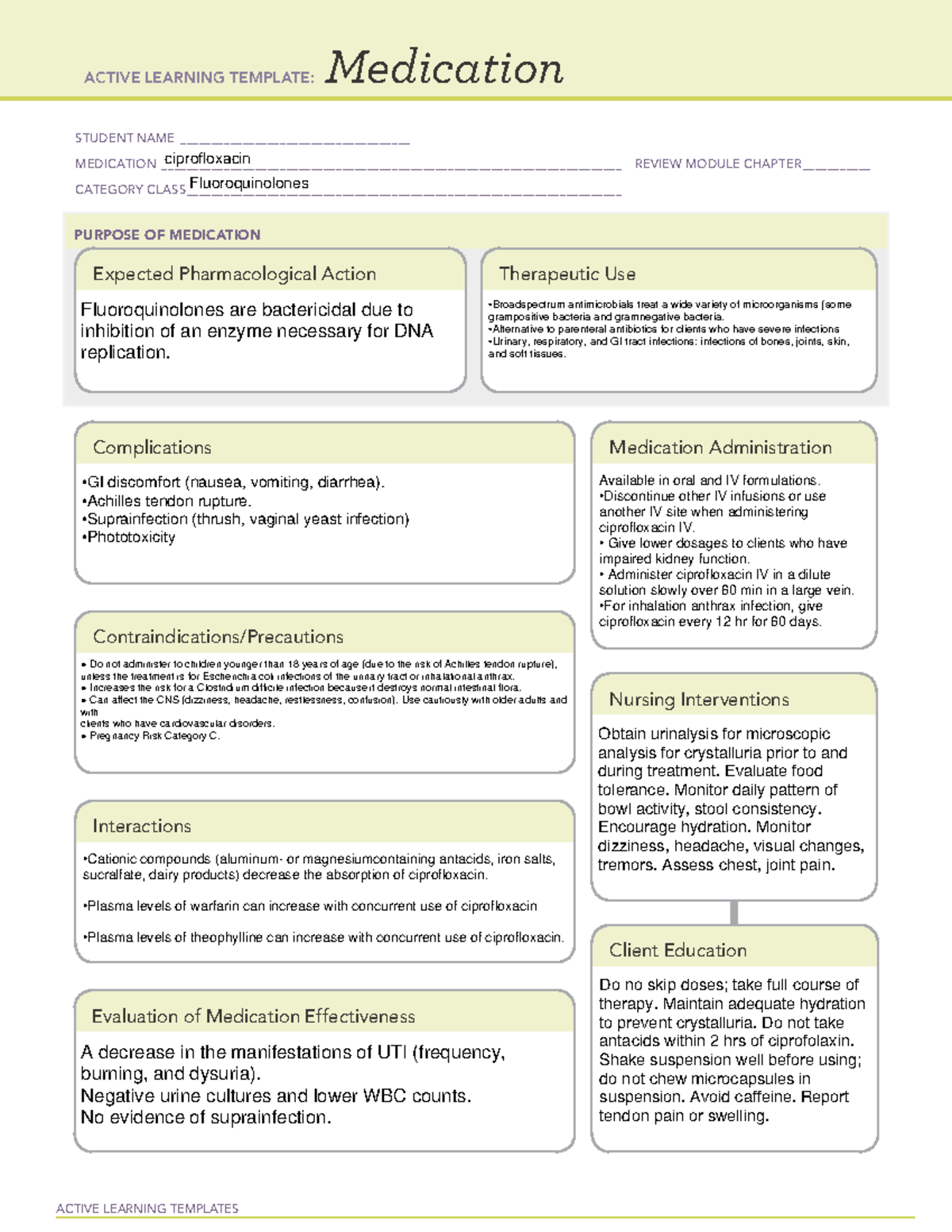 ATI Medication Template ciprofloxacin - ACTIVE LEARNING TEMPLATE ...