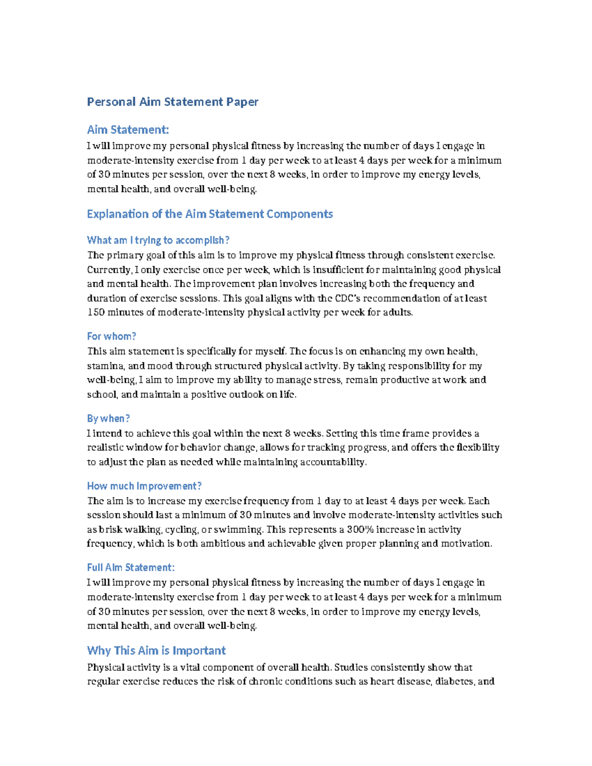 Personal Aim Statement: Enhancing Fitness Over 8 Weeks - Studocu