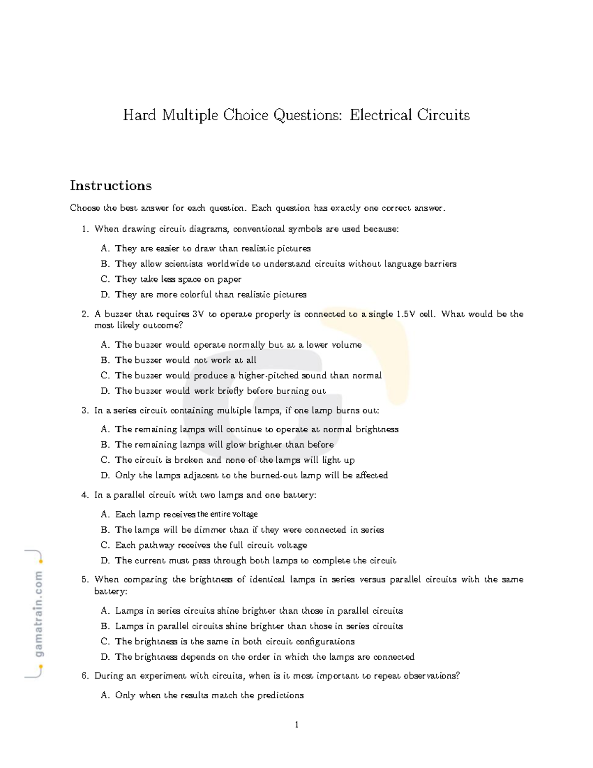 Electrical Circuits MCQ Practice Questions - Studocu