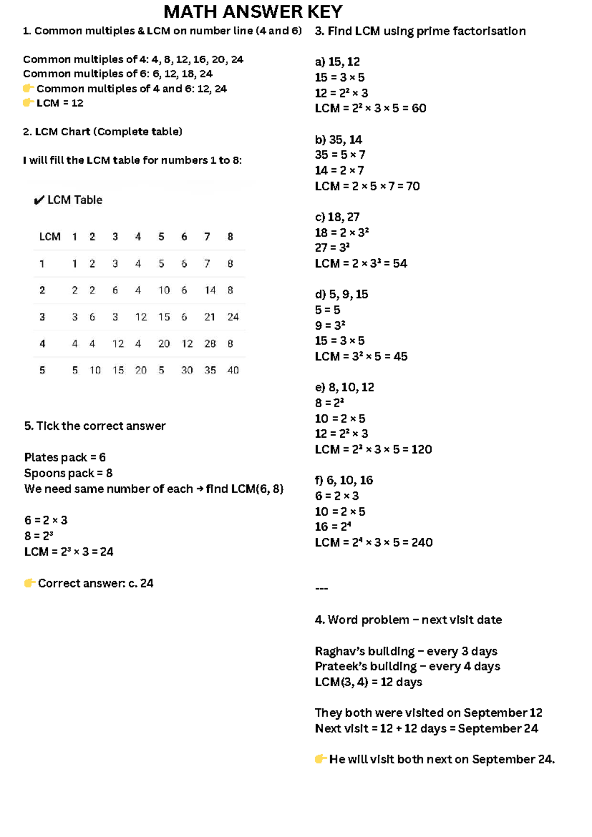 MATH 101: LCM and Common Multiples Answer Key - Studocu