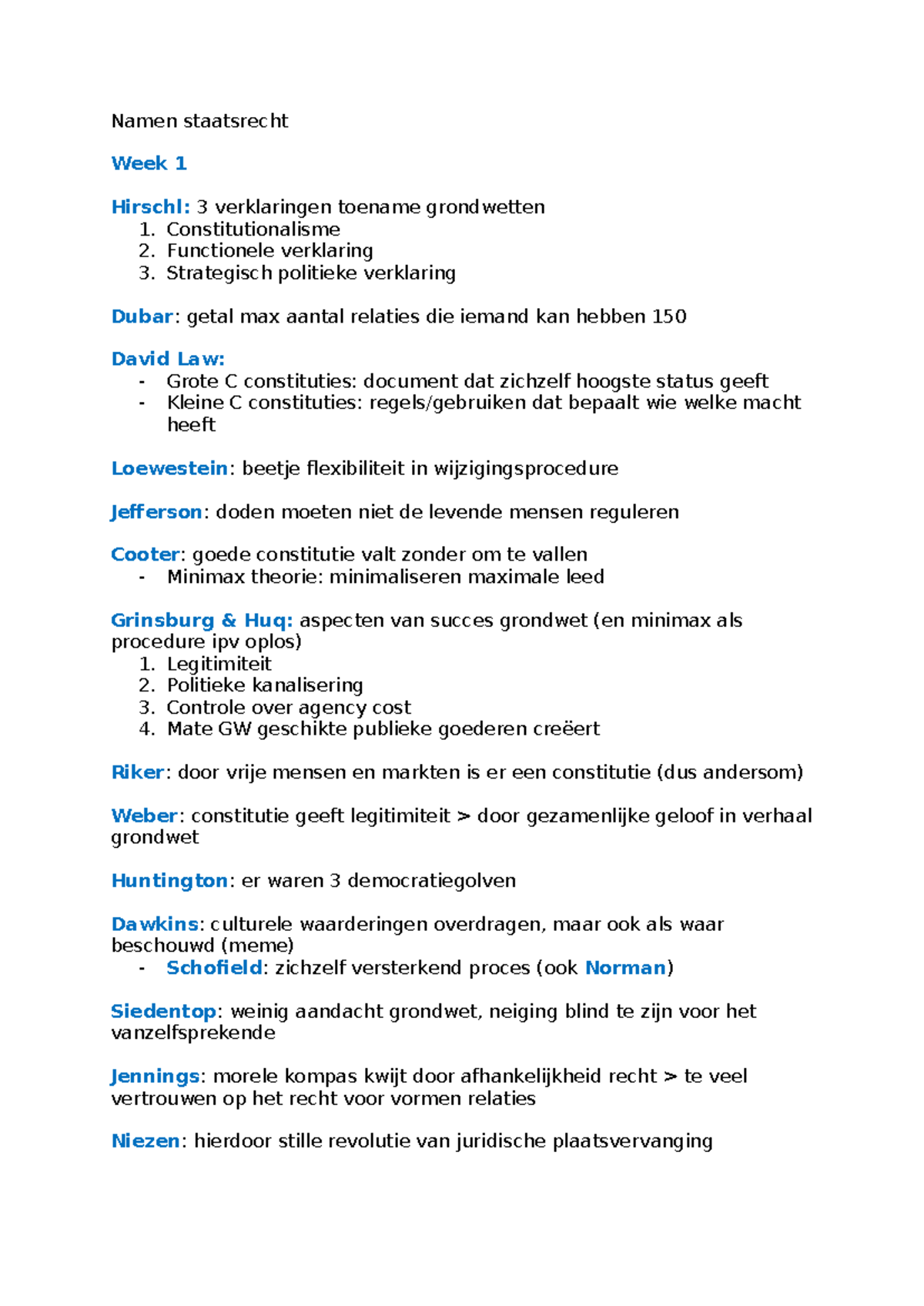 Namen Staatsrecht Week 1: Grondwetten en Politieke Theorieën - Studeersnel
