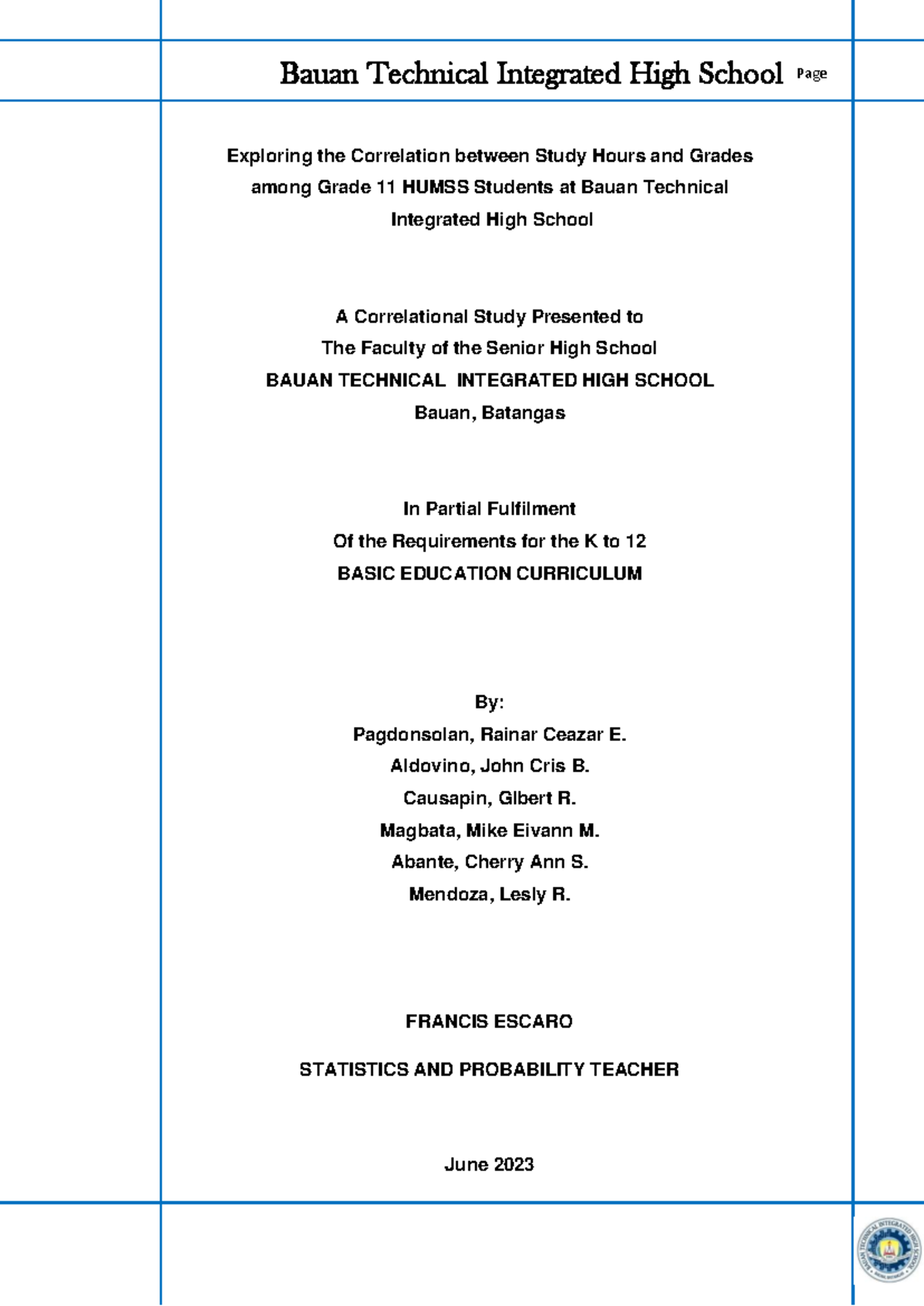 Correlation Study on Study Hours and Grades of Grade 11 HUMSS Students ...