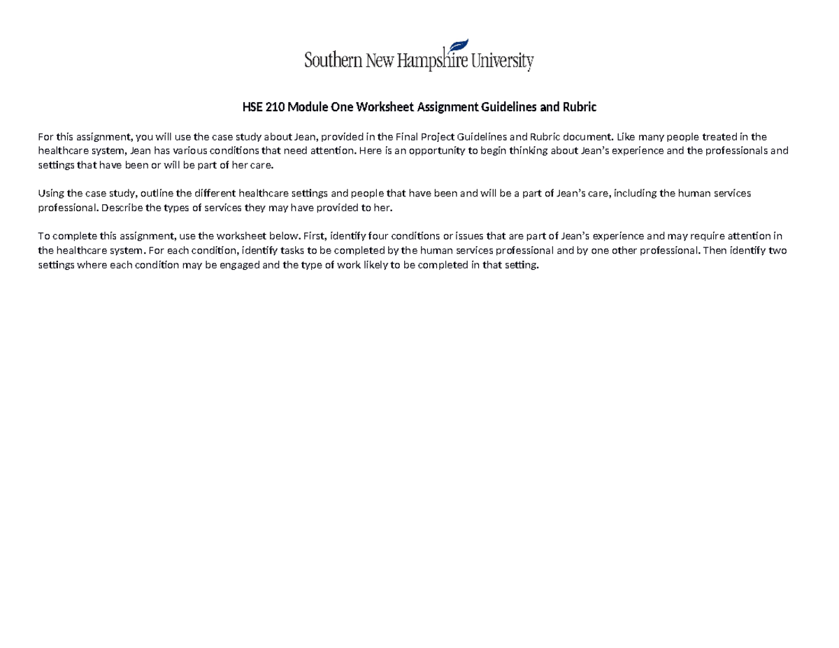 HSE 210 Module One Case Study Worksheet Assignment Guidelines - Studocu