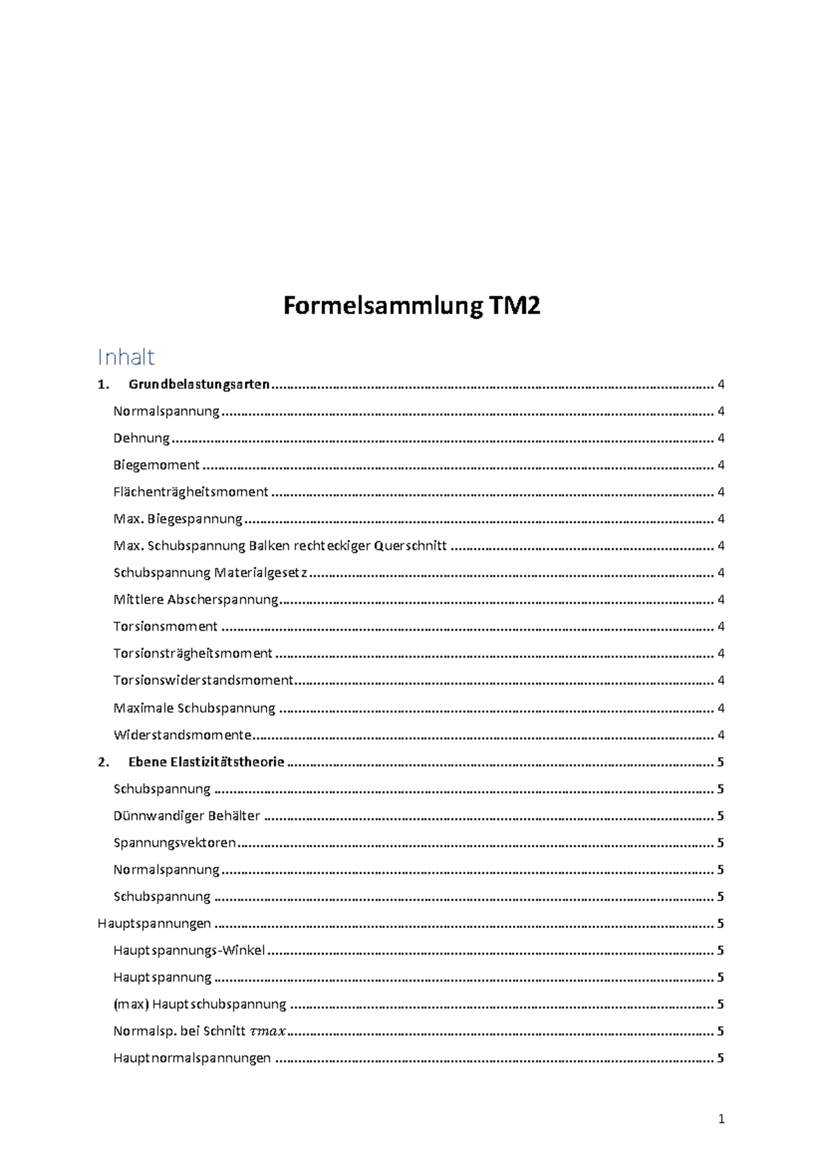 TM2 Formelsammlung - Formeln zur Technischen Mechanik 2 1 Spannungen ...