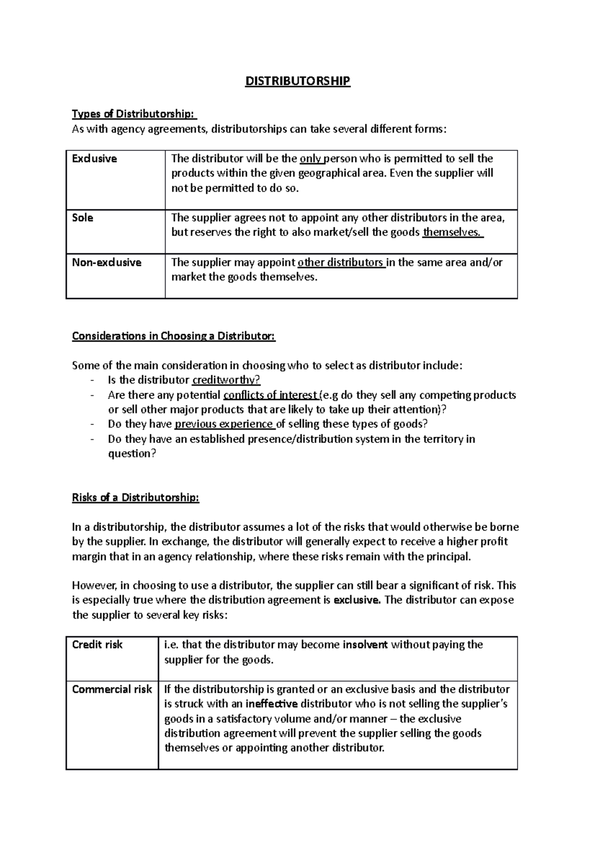 DISTRIBUTORSHIP ANALYSIS: TYPES, RISKS, AND LEGAL CONSIDERATIONS - Studocu
