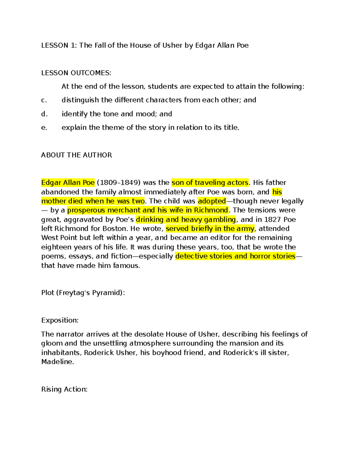 LESSON 1: The Fall of the House of Usher - Edgar Allan Poe Summary and ...