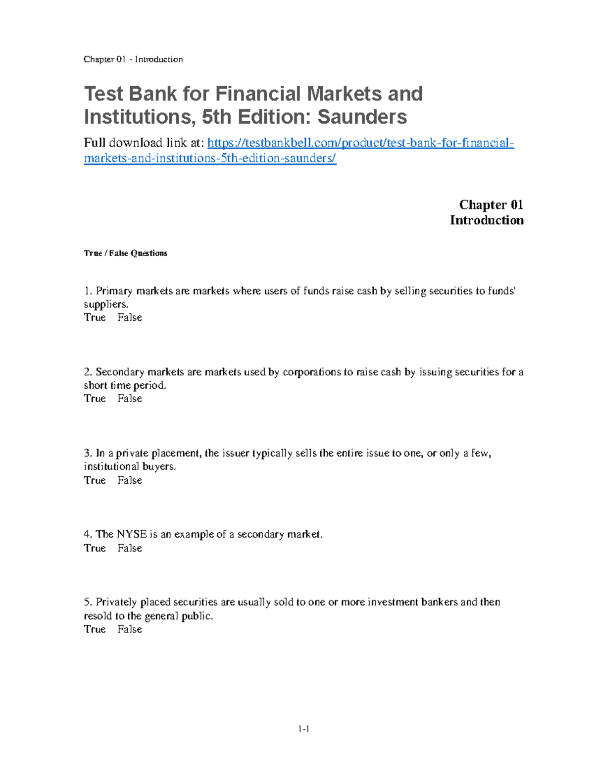 Ch.1 test bank for financial institutions and money markets - Test Bank ...