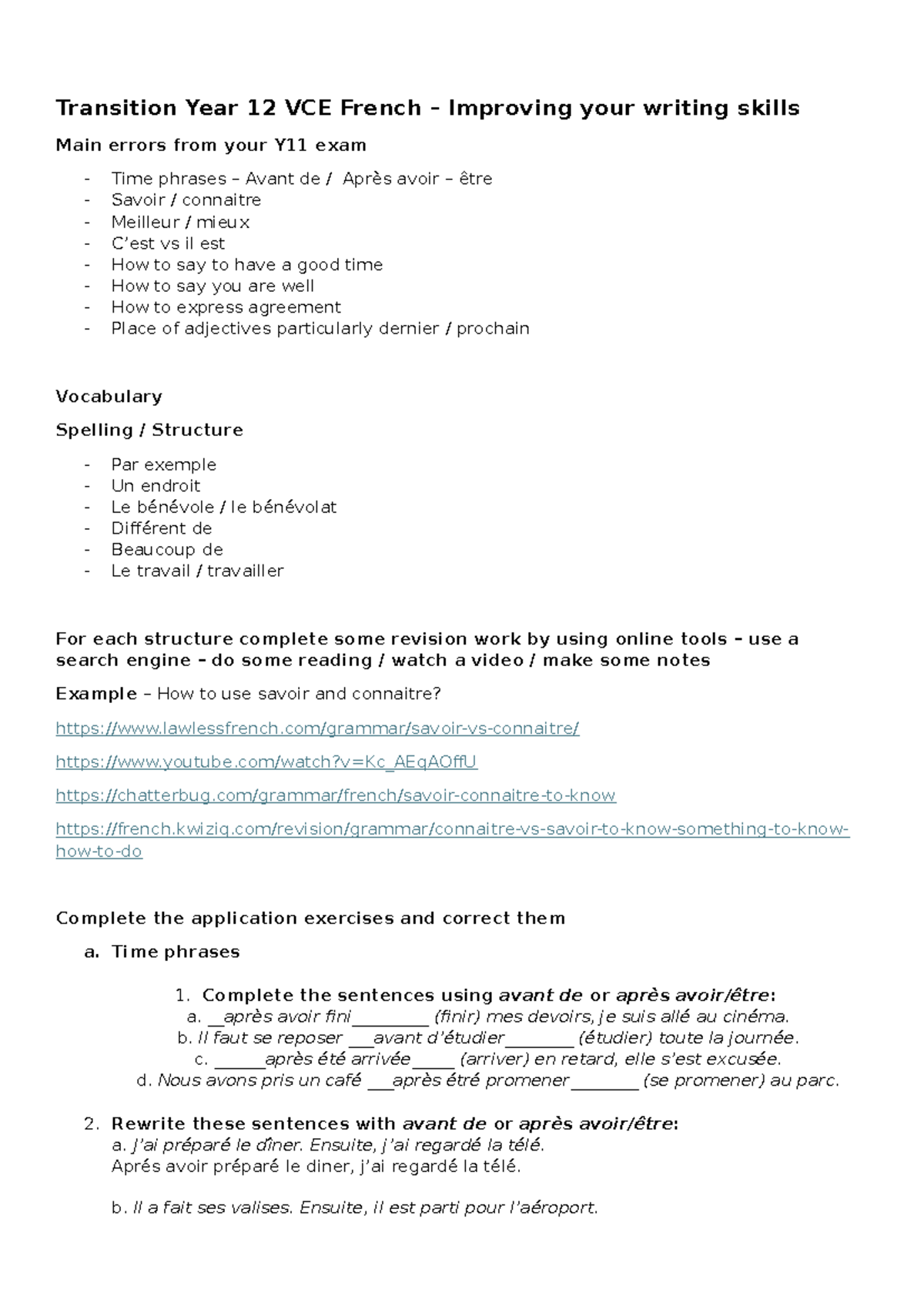 VCE French Year 12 Grammar Drills: Writing Skills & Common Errors - Studocu
