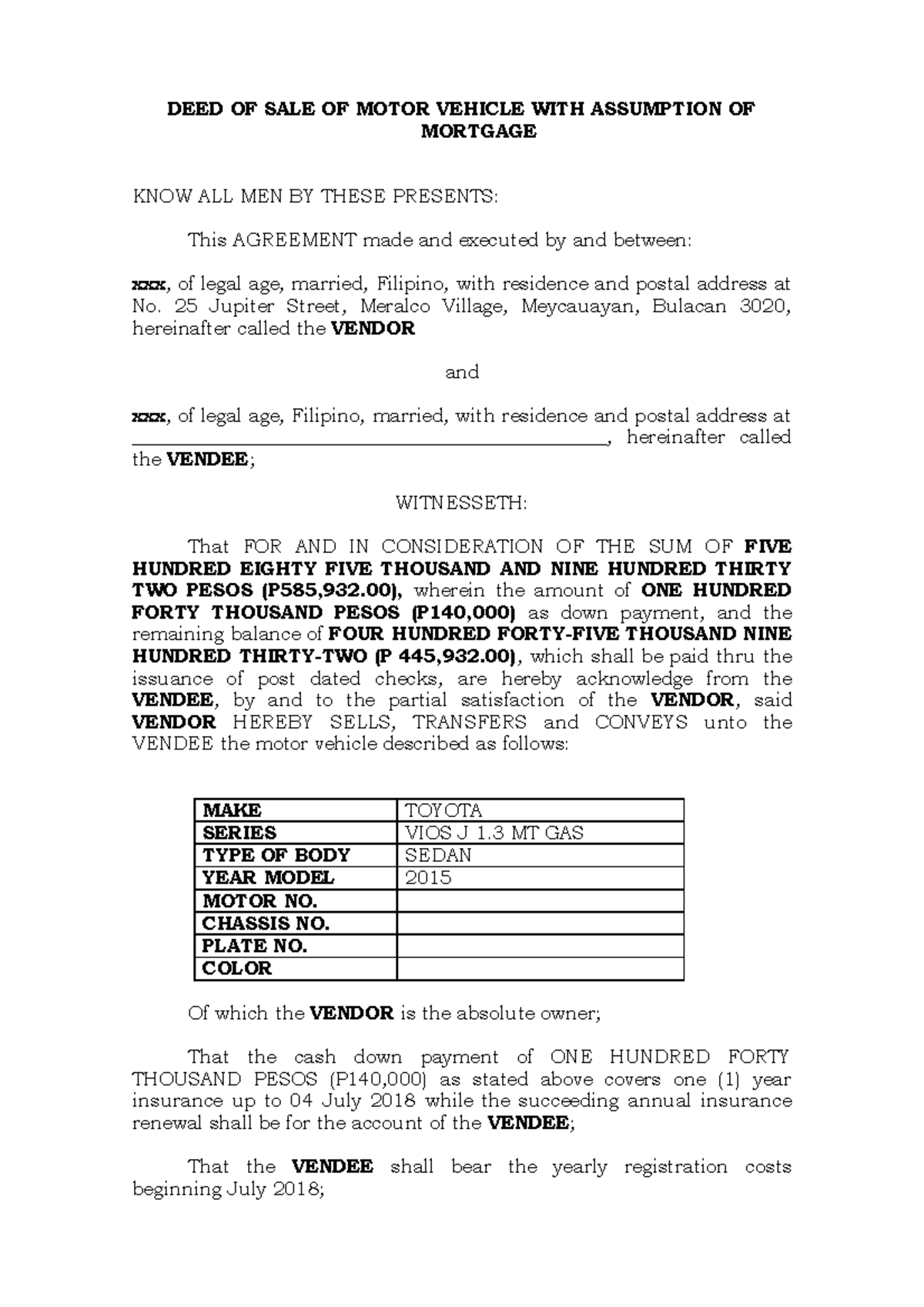 Deed of Sale of Motor Vehicle with Mortgage Assumption Agreement - Studocu