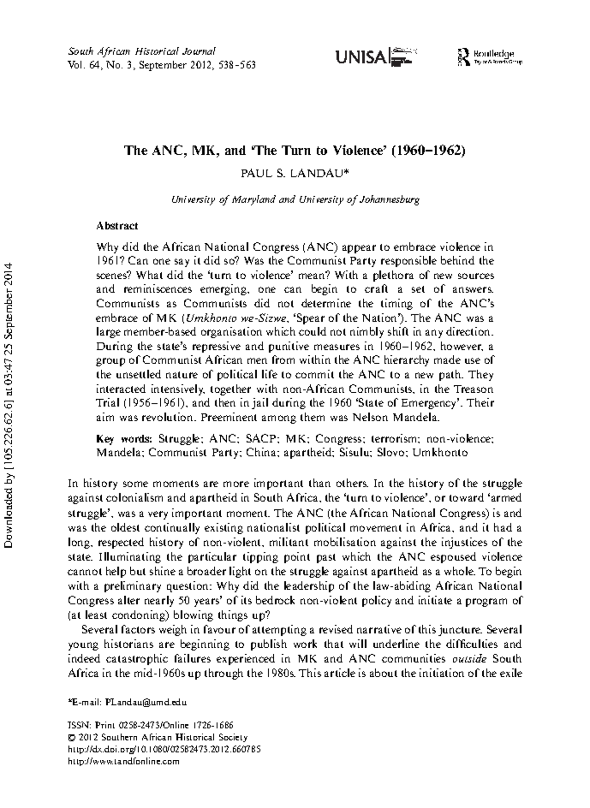 The ANC's Shift to Armed Struggle (1960-1962): Analyzing a Critical ...