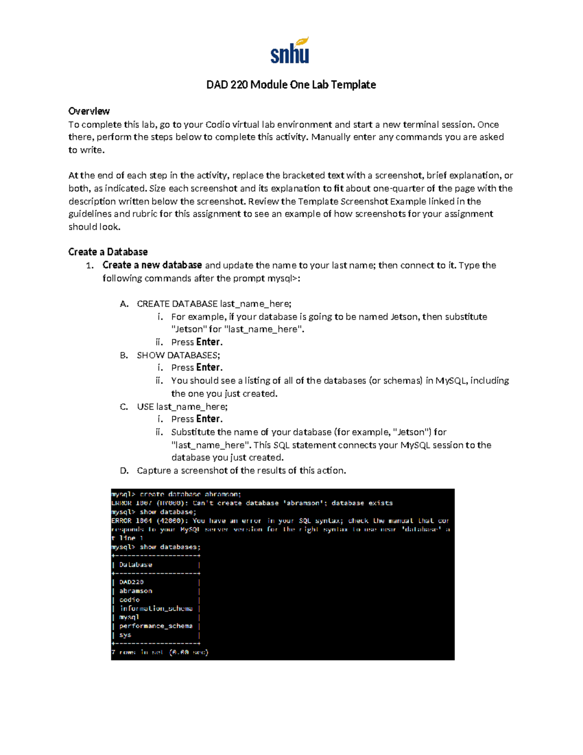 DAD 220 Module One Lab: Creating and Managing a Database - Studocu