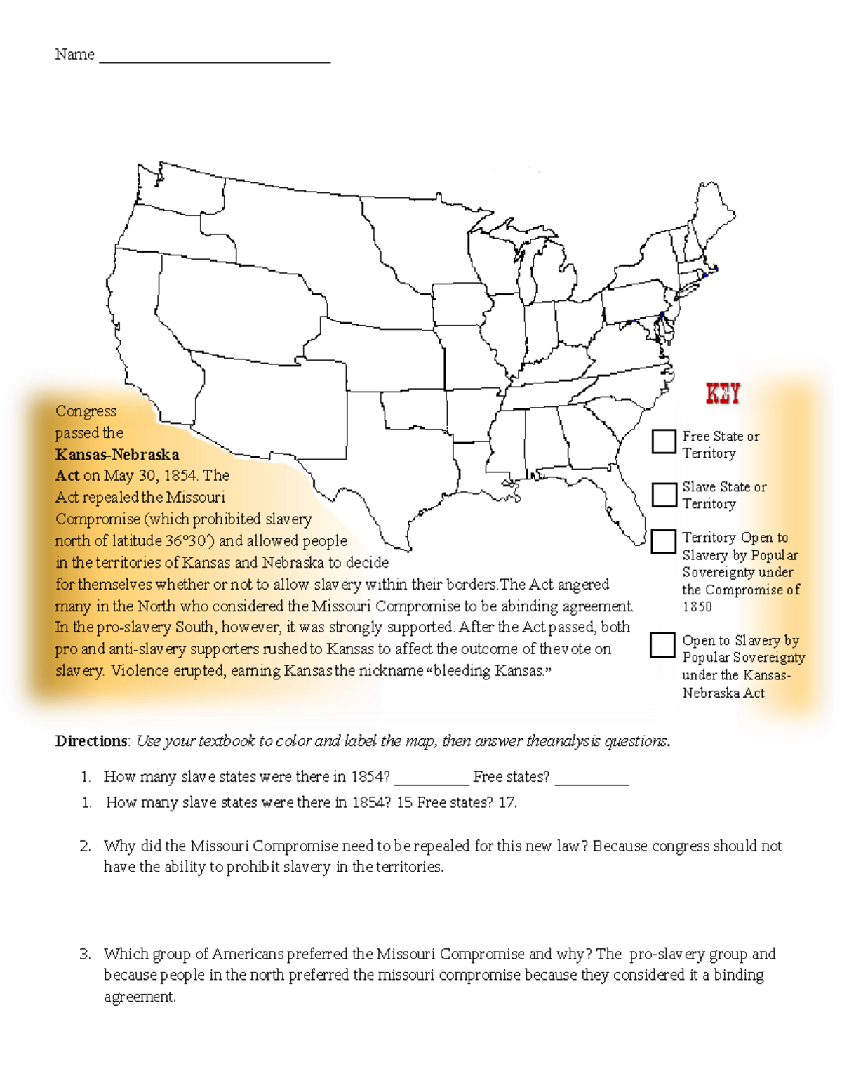 Kansas-Nebraska Act Map Analysis Students - How many slave states were ...