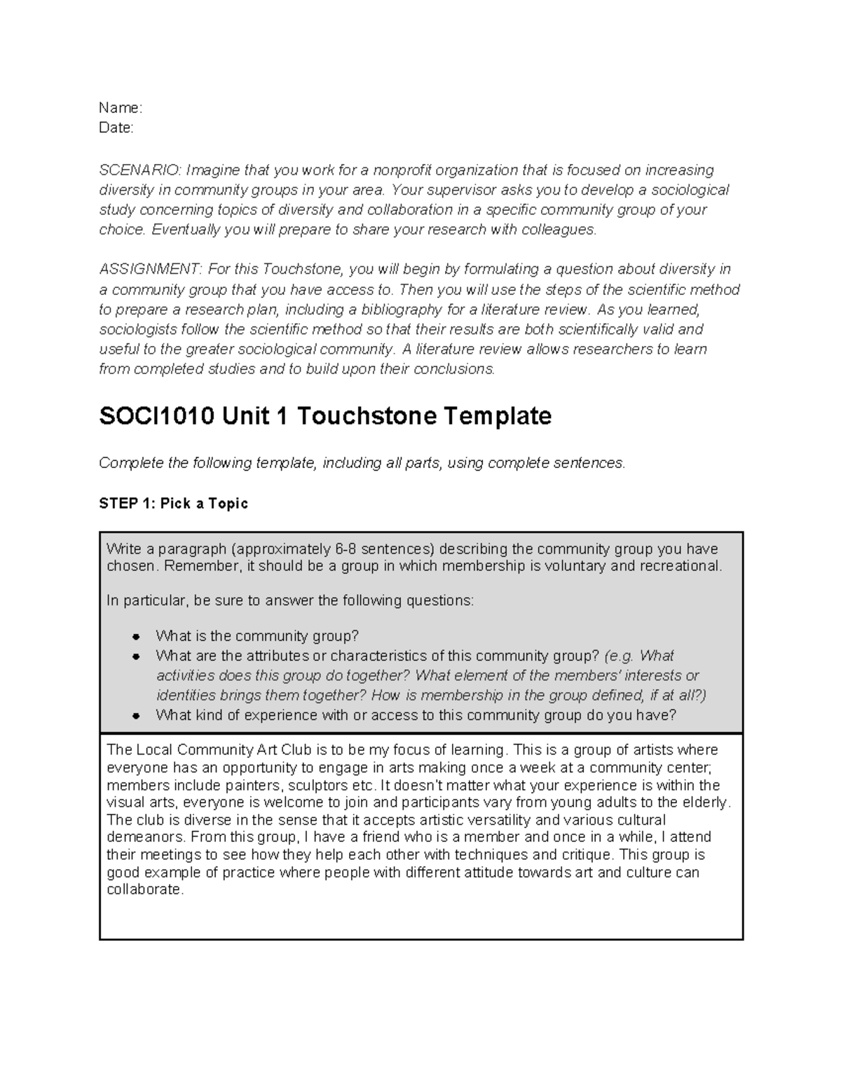SOCI1010 Unit 1 Touchstone: Diversity in the Local Community Art Club - Studocu