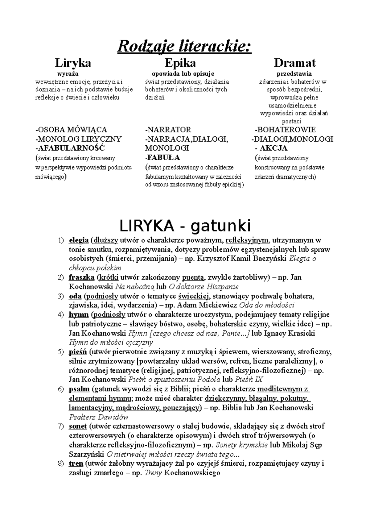 Notatki z wykładu o Epice, Liryce i Dramat. Gatunki literackie - Studocu