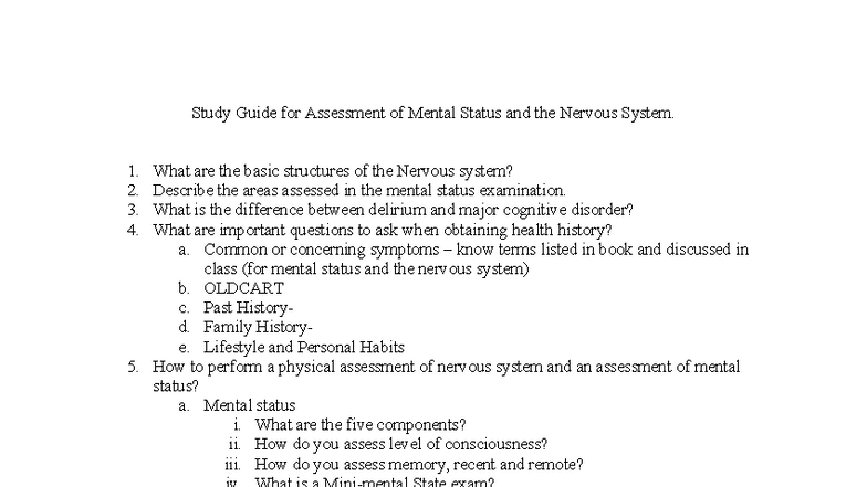 Study Guide: Assessment of Mental Status & Nervous System (NRS 101 ...