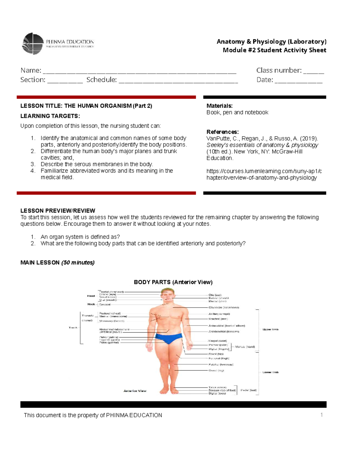 Anatomy & Physiology Lab: Human Organism Lesson (Part 2) - Studocu