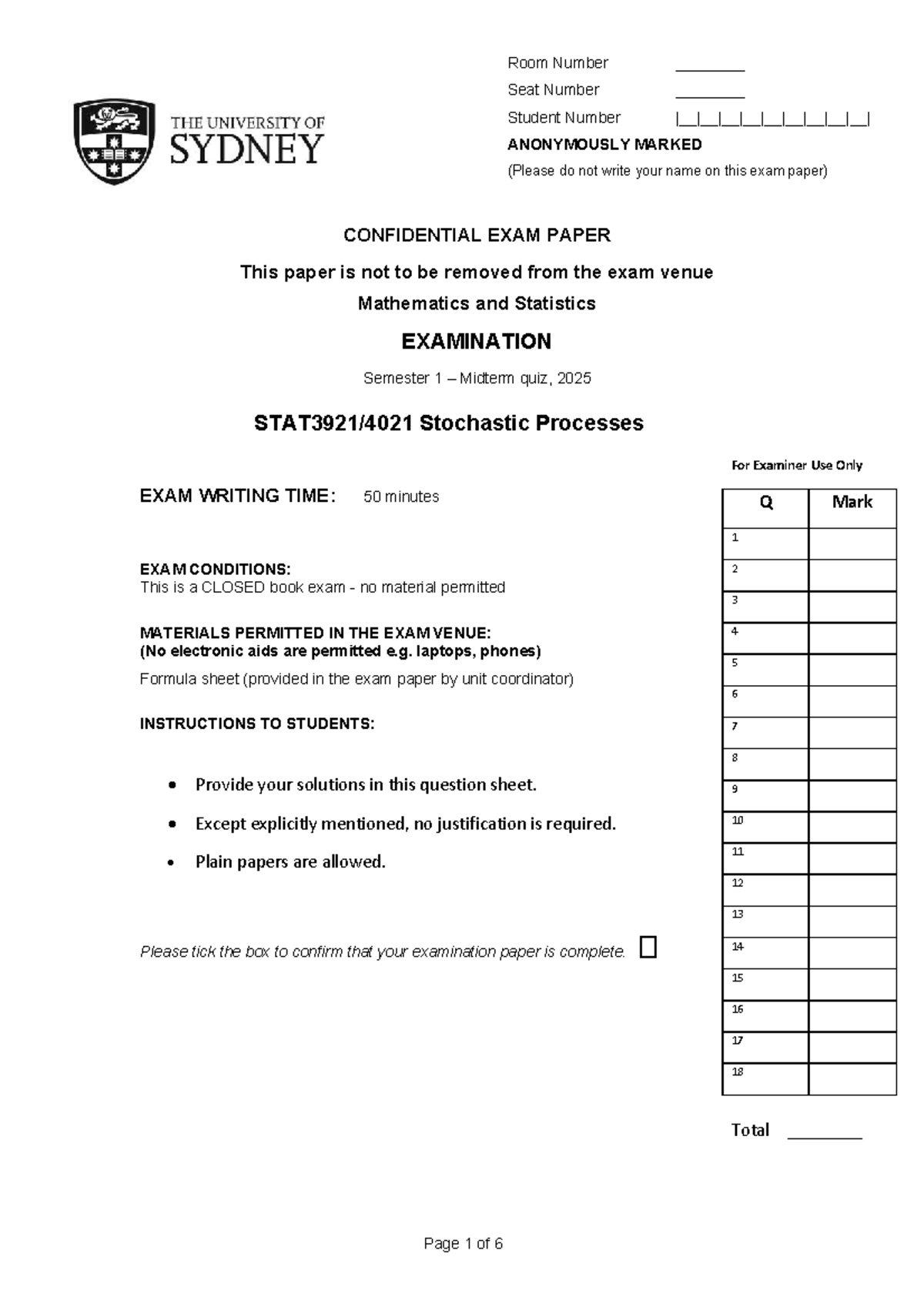 Stat3921 Midterm Quiz: Stochastic Processes Sample Exam 2025 - Studocu