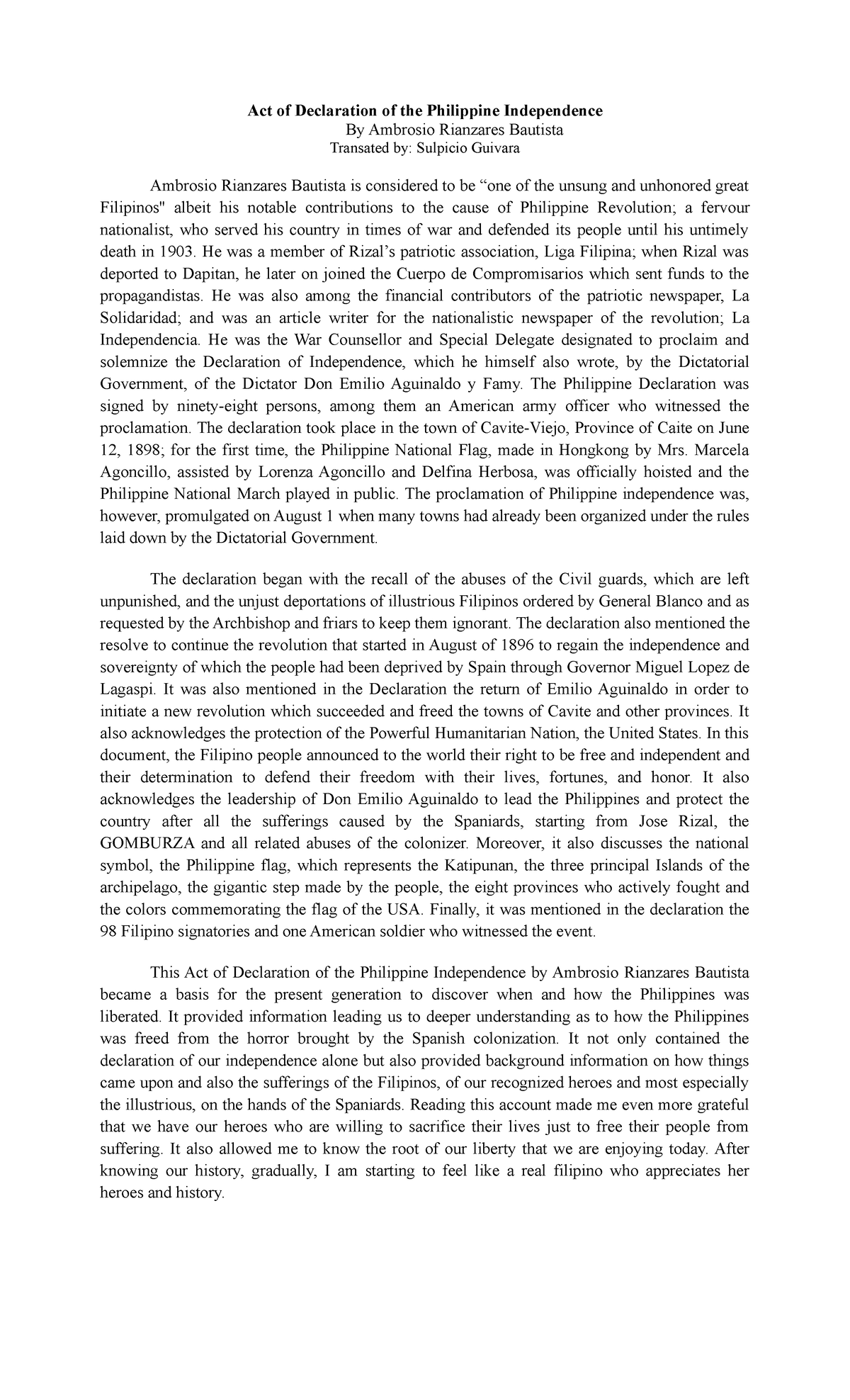 Act of Declaration of the Philippine Independence: A Reflection Paper ...