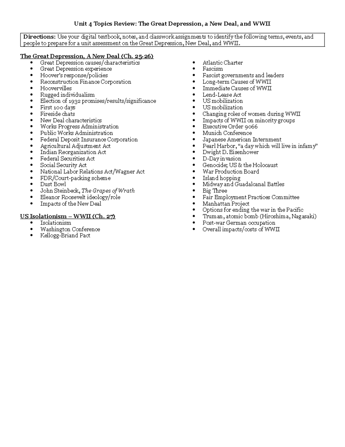 Unit 4 Exam Review: The Great Depression, New Deal, and WWII - Unit 4 ...