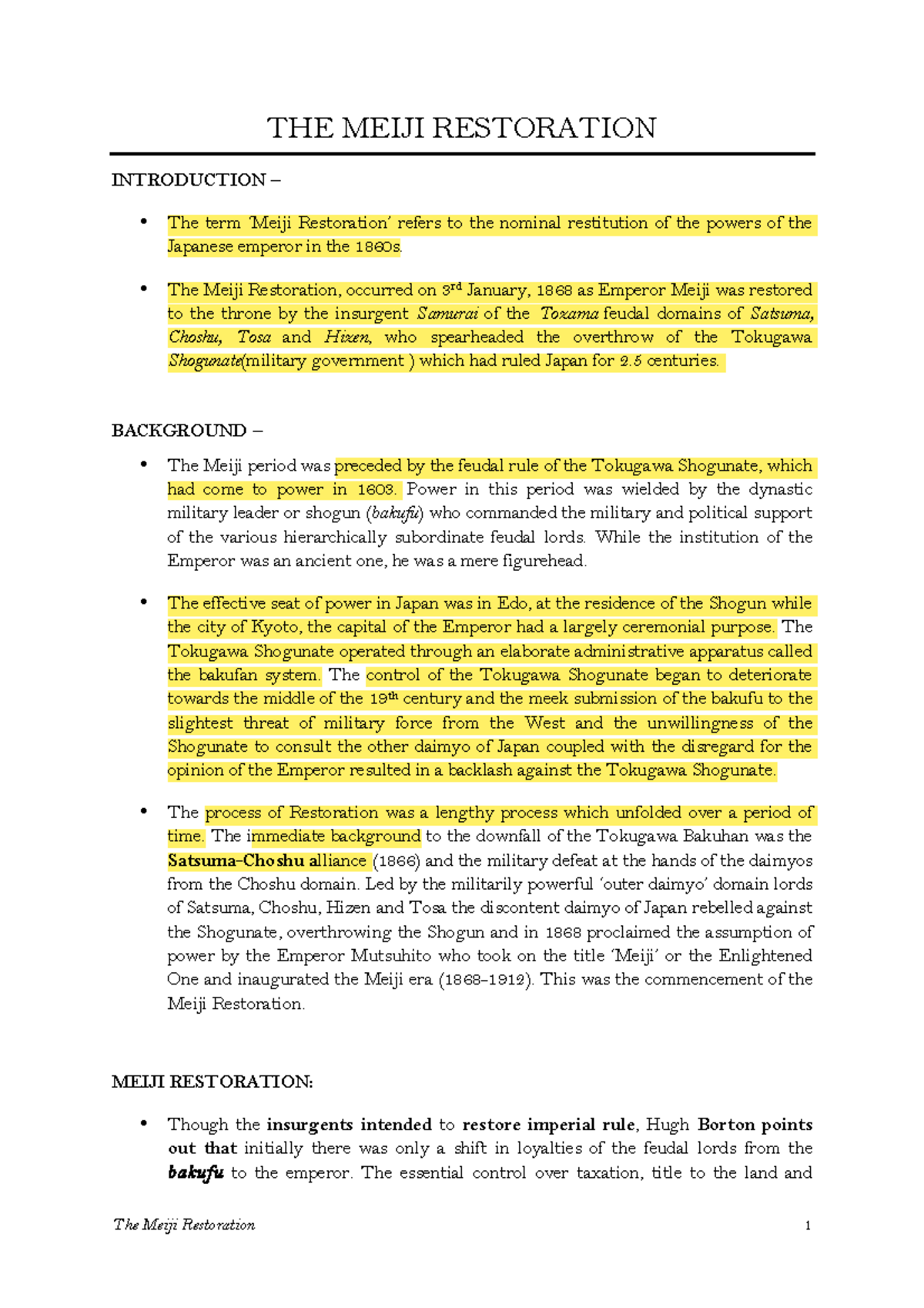 Meiji Restoration (1868): Transition from Feudalism to Modernity - Studocu