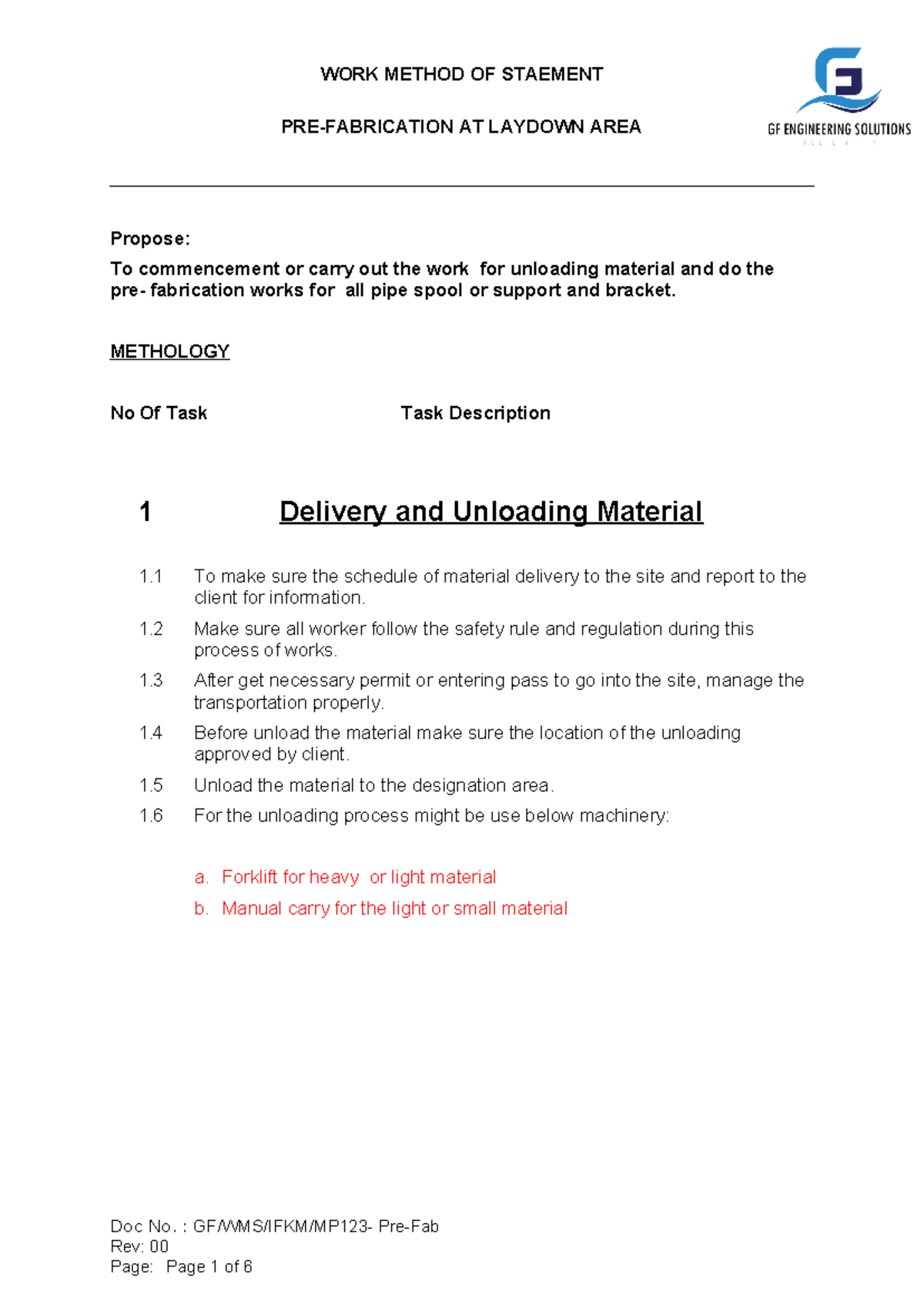 Work method of statement - PRE-FABRICATION AT LAYDOWN AREA Propose: To ...
