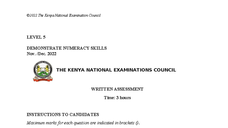 Numeracy Skills Level 5 Assessment - Kenya National Exams Nov 2022 ...
