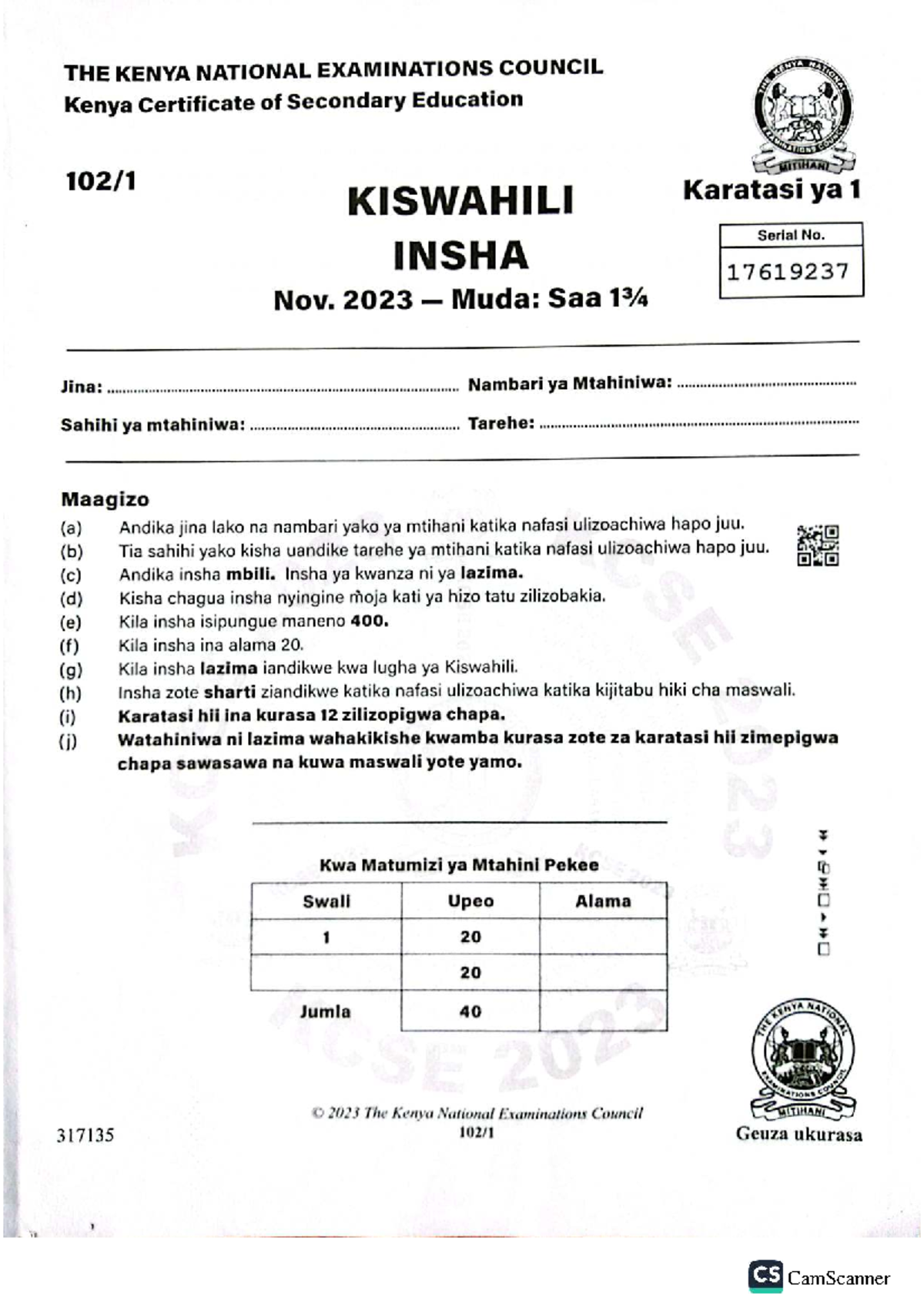 2023 KCSE Kiswahili Paper 1, 2 & 3 - Insha, Ufupisho na Matumizi ya ...