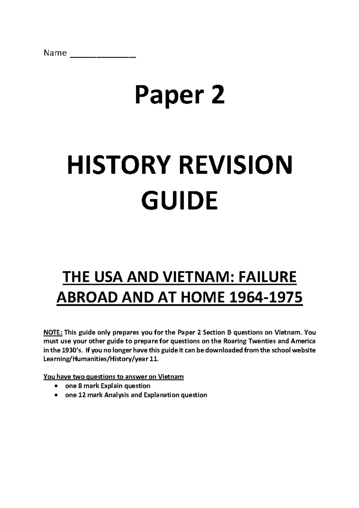 HIS2P2 Final Exam: Vietnam War Revision Guide (1964-1975) - Studocu