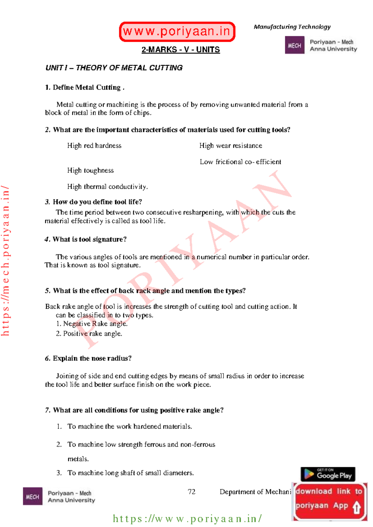 Manufacturing Technology V: Unit I - Theory of Metal Cutting Notes ...