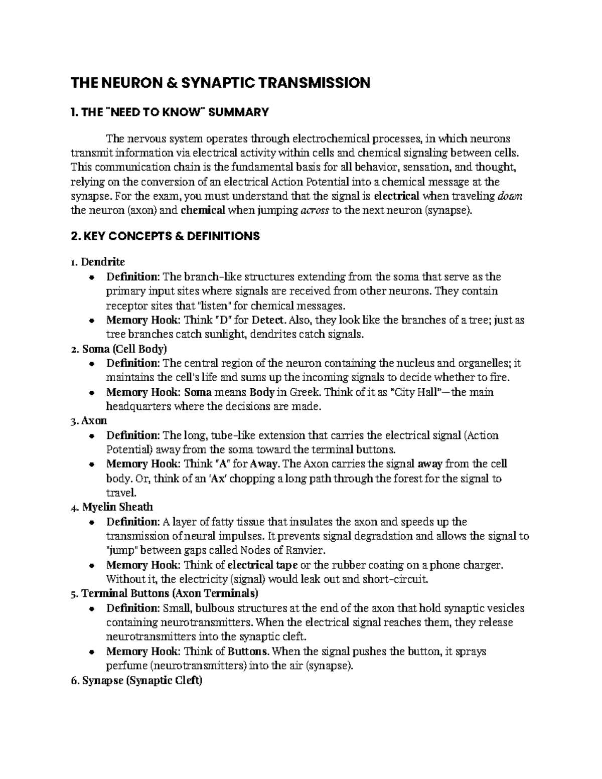 Neuron & Synaptic Transmission Summary for PSY 101 Exam - Studocu